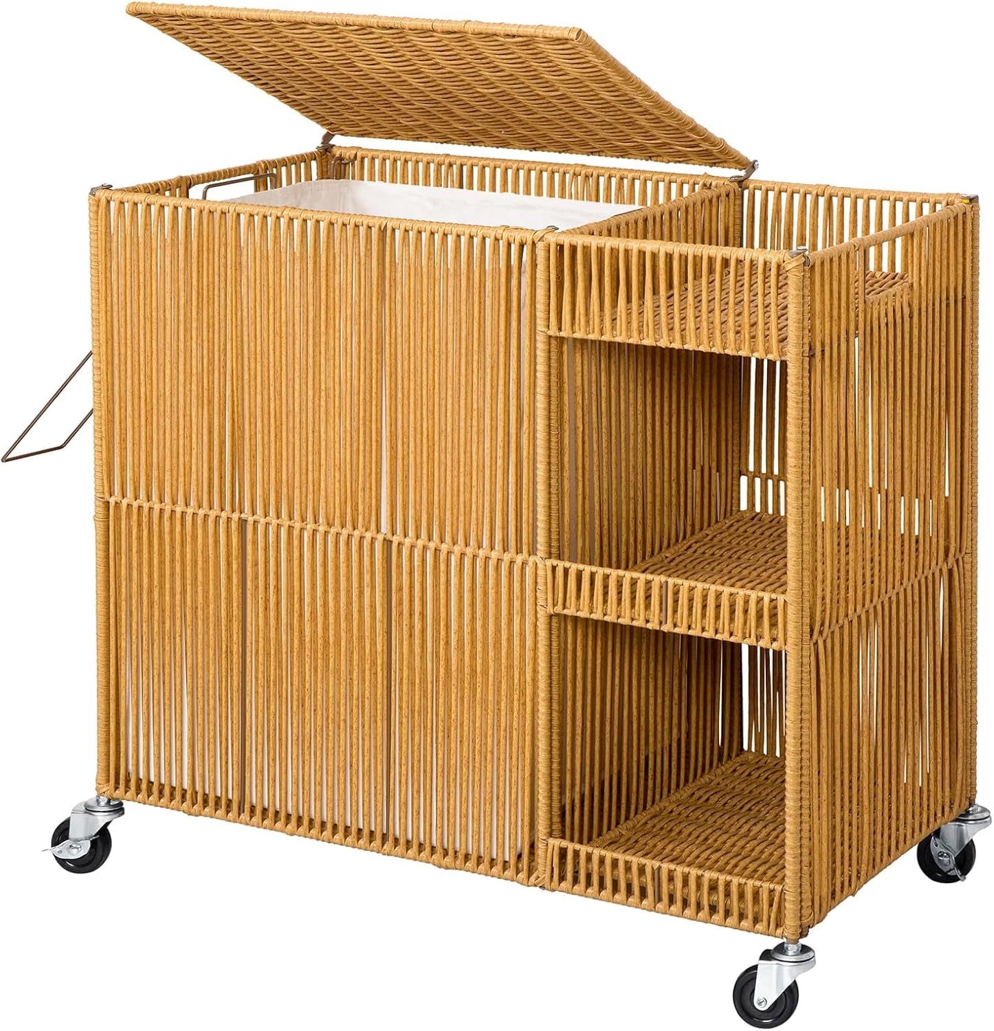 Laundry Hamper with Wheels, Handwoven Laundry Basket with Lid, Shelves ...