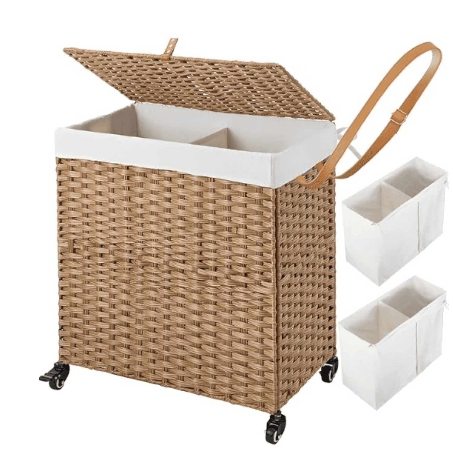 Laundry Hamper with Wheels, No Install Needed, 110L Divided Handwoven ...