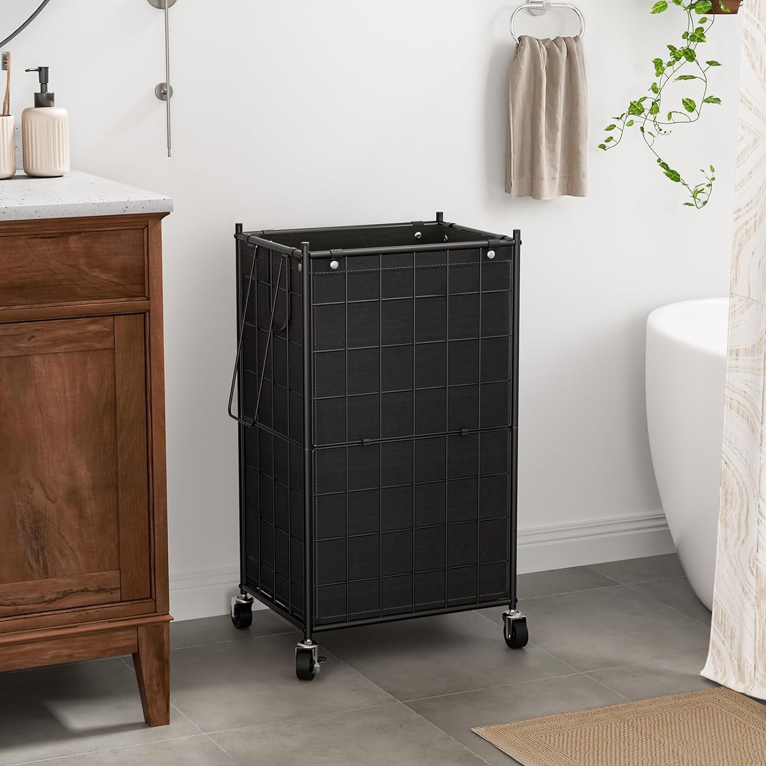 Laundry Hamper with Wheels,Metal Wire Frame Rolling Laundry Basket with ...