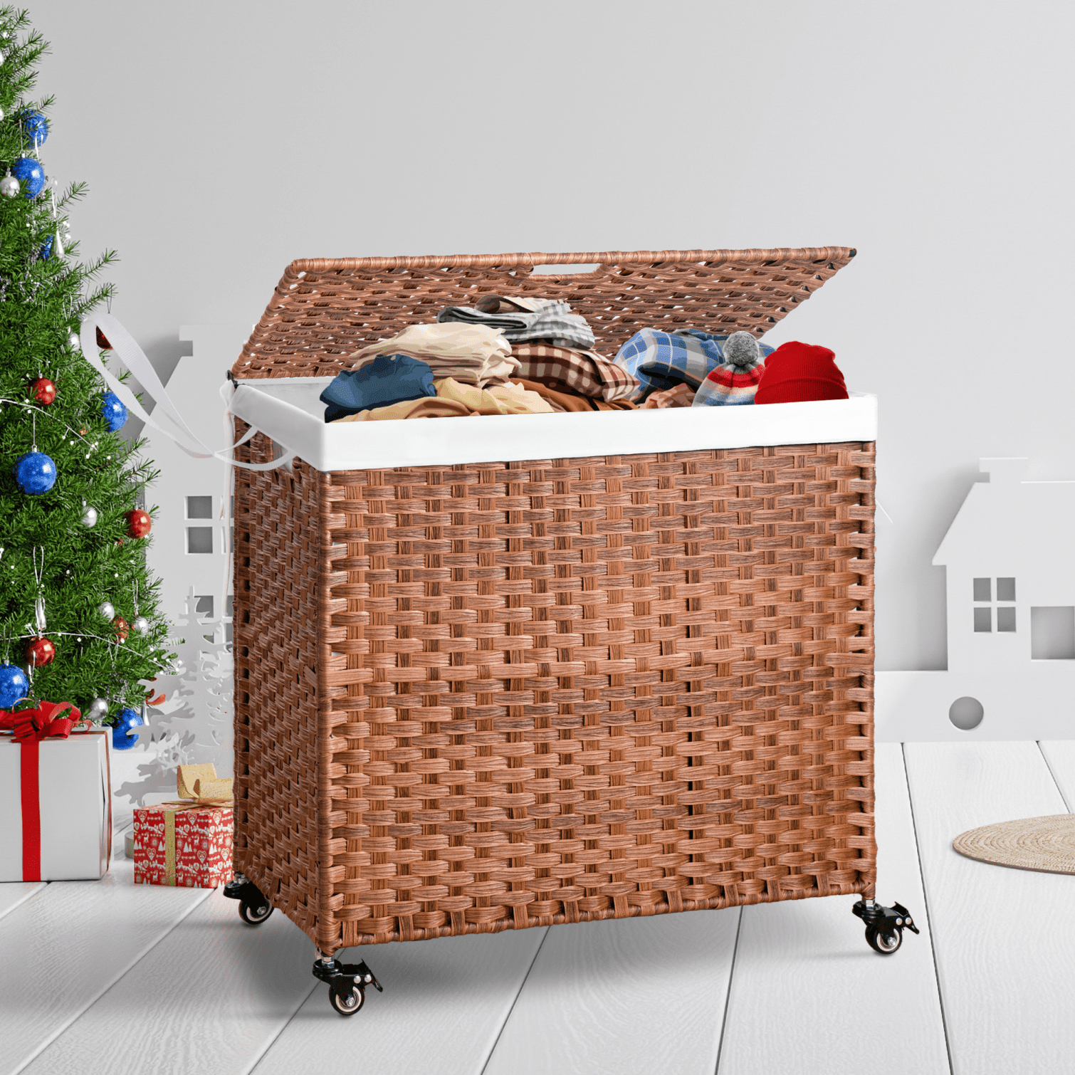 Laundry Hamper With Lid & Side Handles, 42.26 Gallon Rattan Clothes ...