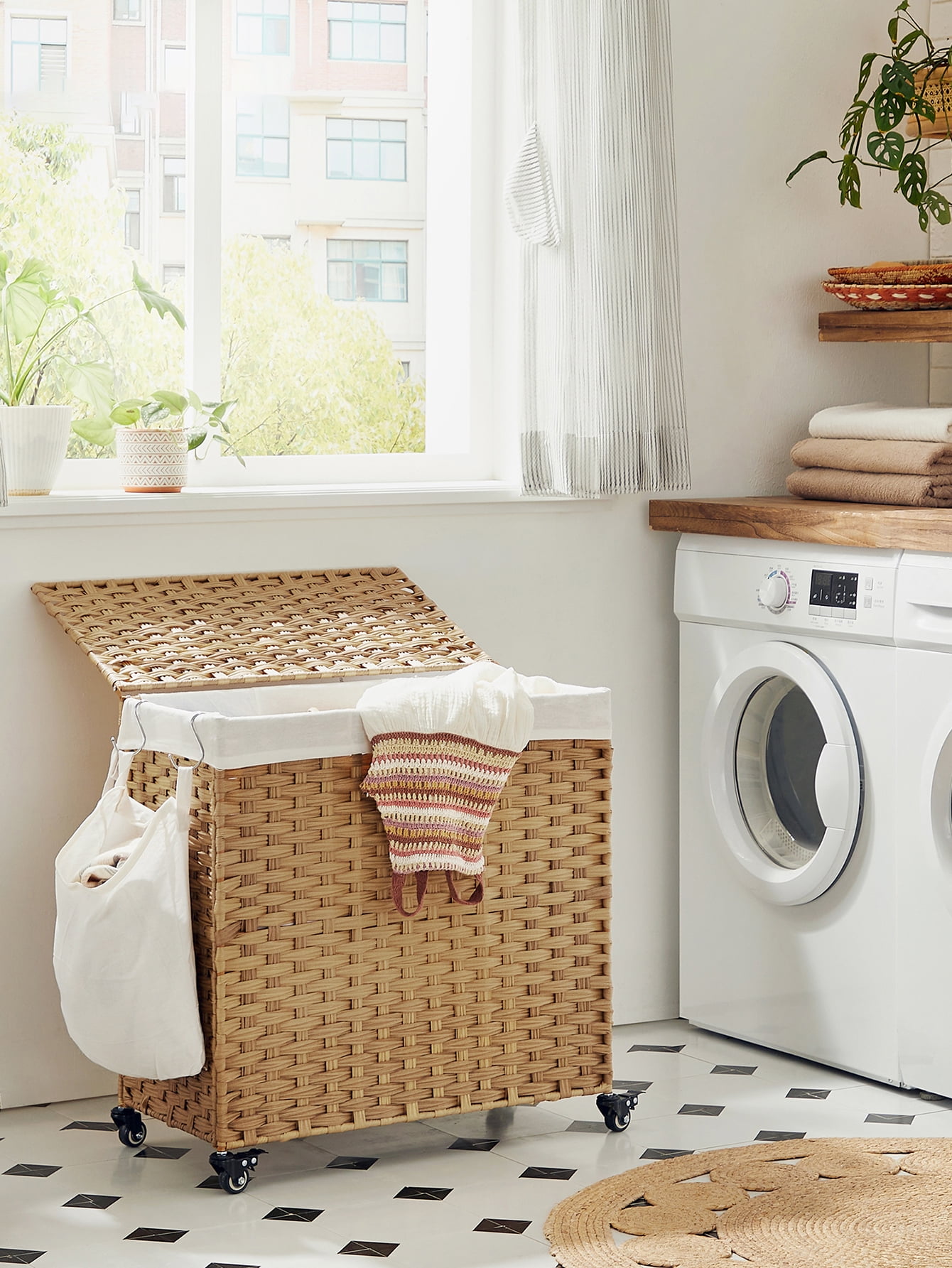 Laundry Hamper With Wheels & Removable Liner Bag, 3-Section Handwoven ...