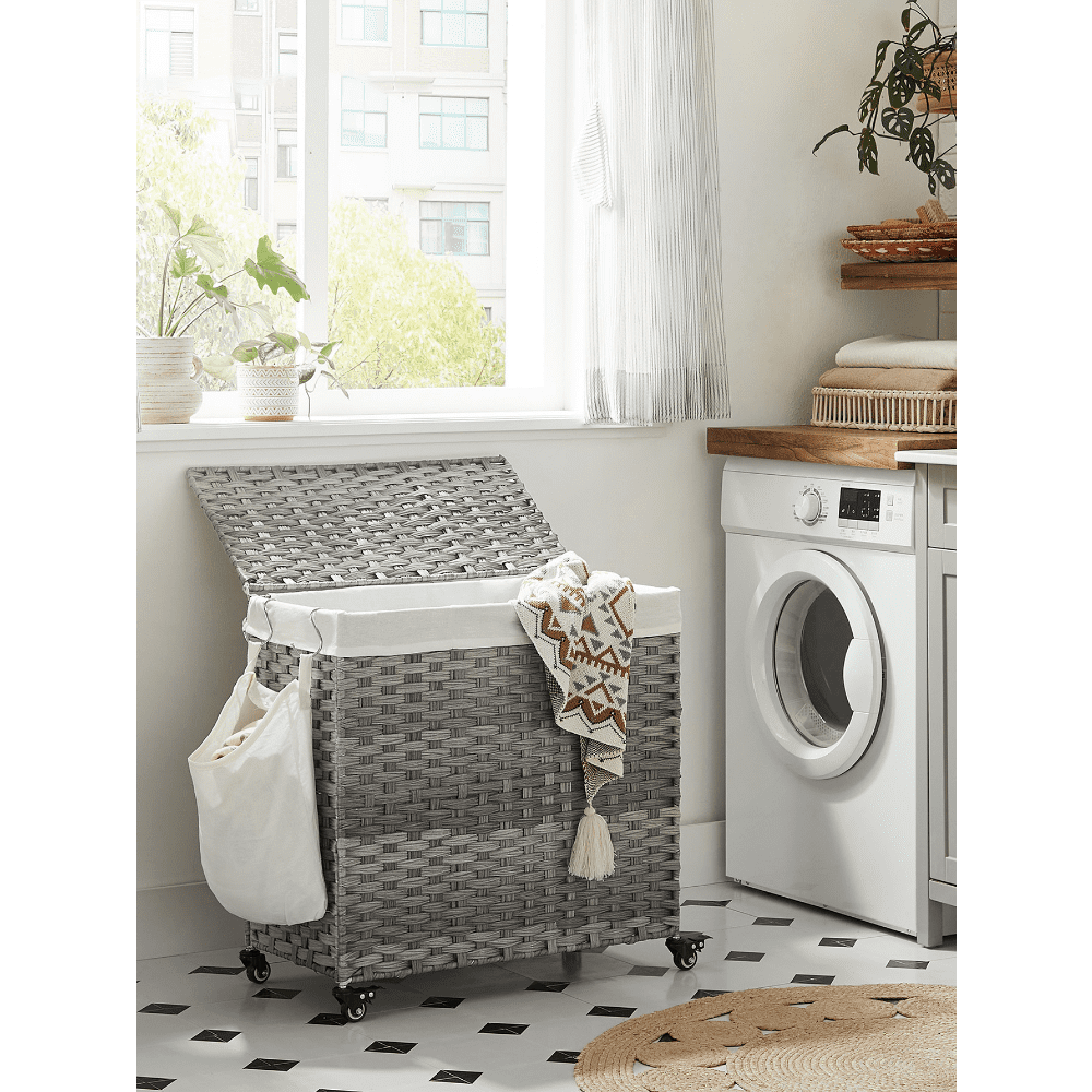 Laundry Hamper With Wheels & Removable Liner Bag, 3-Section Handwoven ...