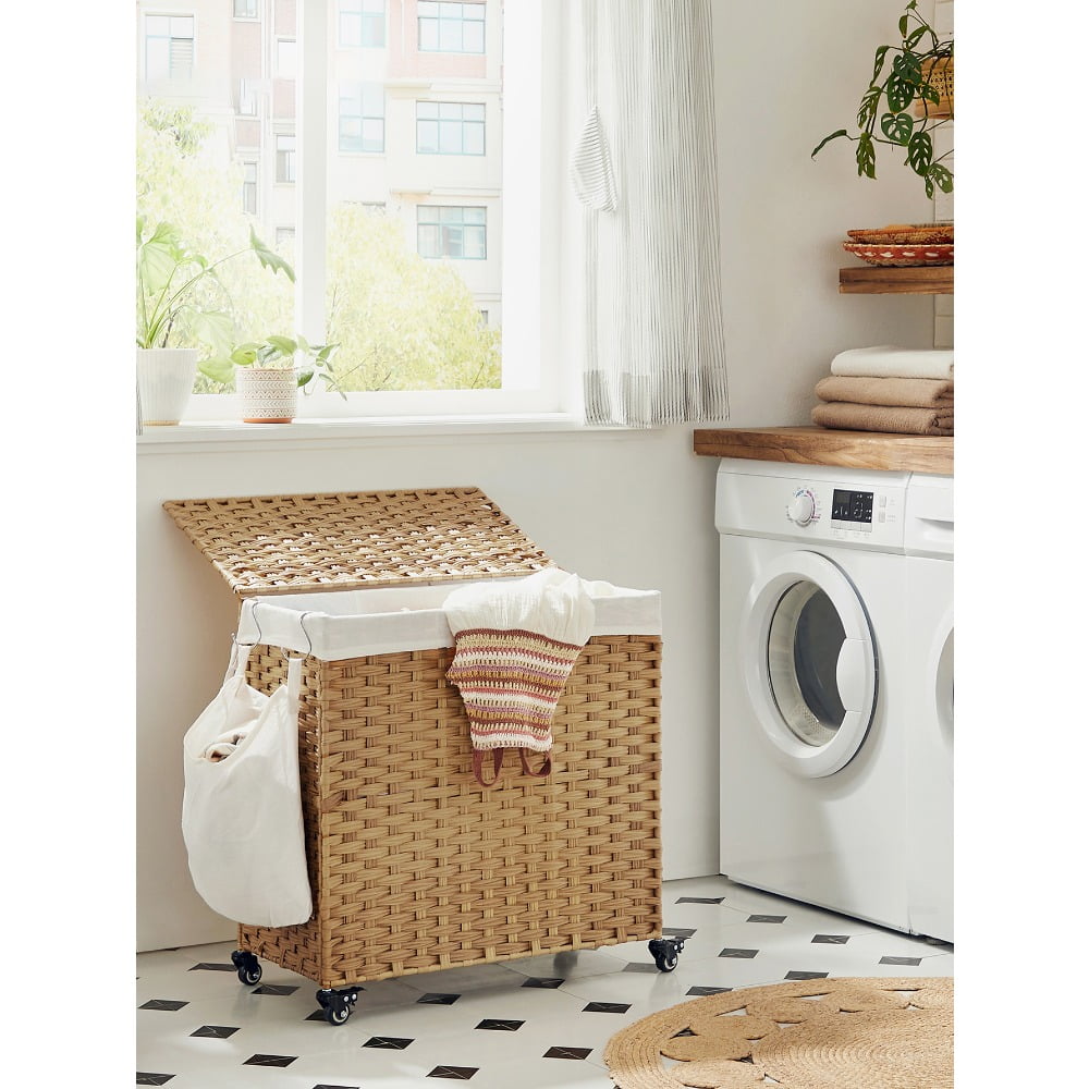 Laundry Hamper With Wheels & Removable Liner Bag, 3-Section Handwoven ...