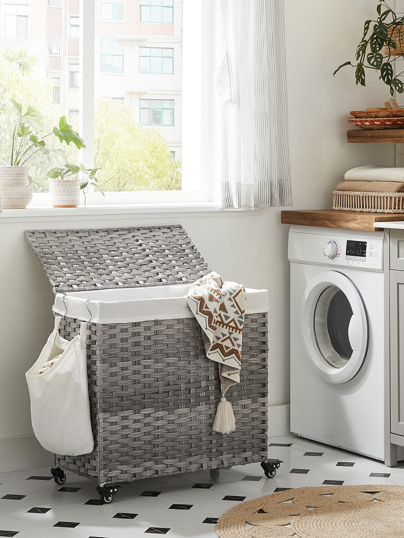 Laundry Hamper With Wheels & Removable Liner Bag, 3-Section Handwoven ...