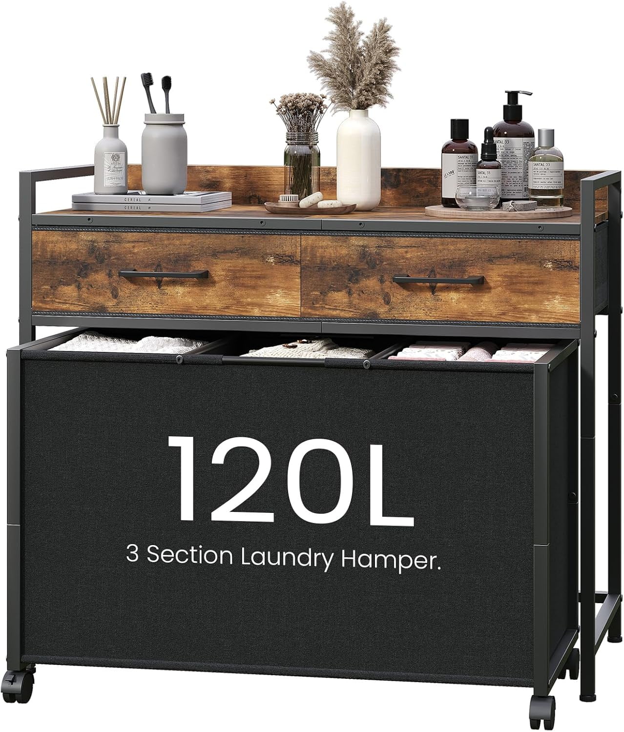 Laundry Hamper baskets 3 Section with 2 Drawers & 3 Pull-Out Rolling ...