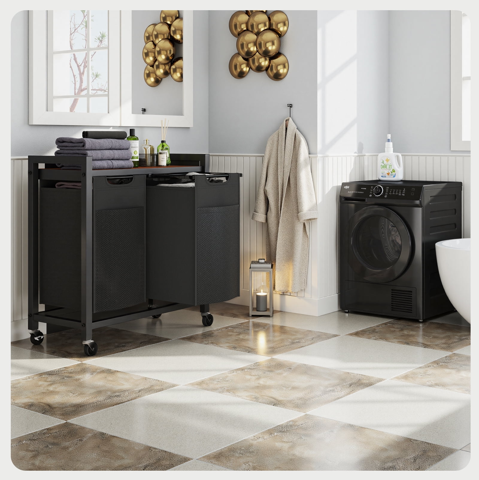 Laundry Hamper with 3 Pull-Out Removable Sorter Bags Capacity, Movable ...