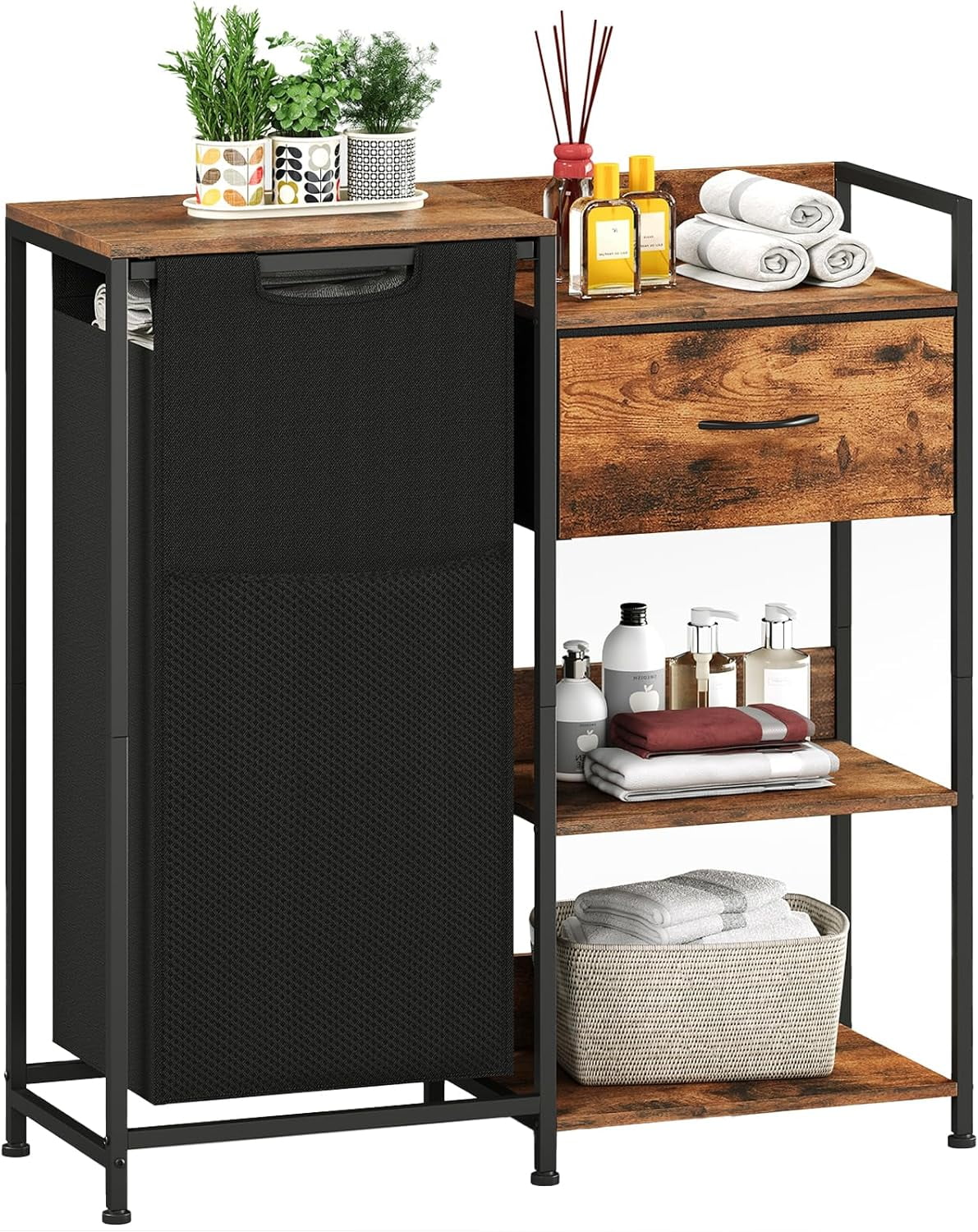 Laundry Hamper with Fabric Drawer and Shelves, Laundry Basket Sorter ...