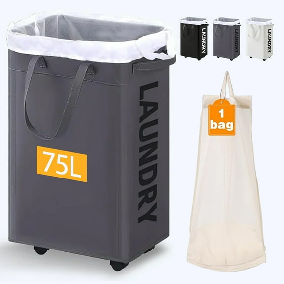 100L Slim Laundry Hamper with Wheels, Collapsible Rolling Laundry ...