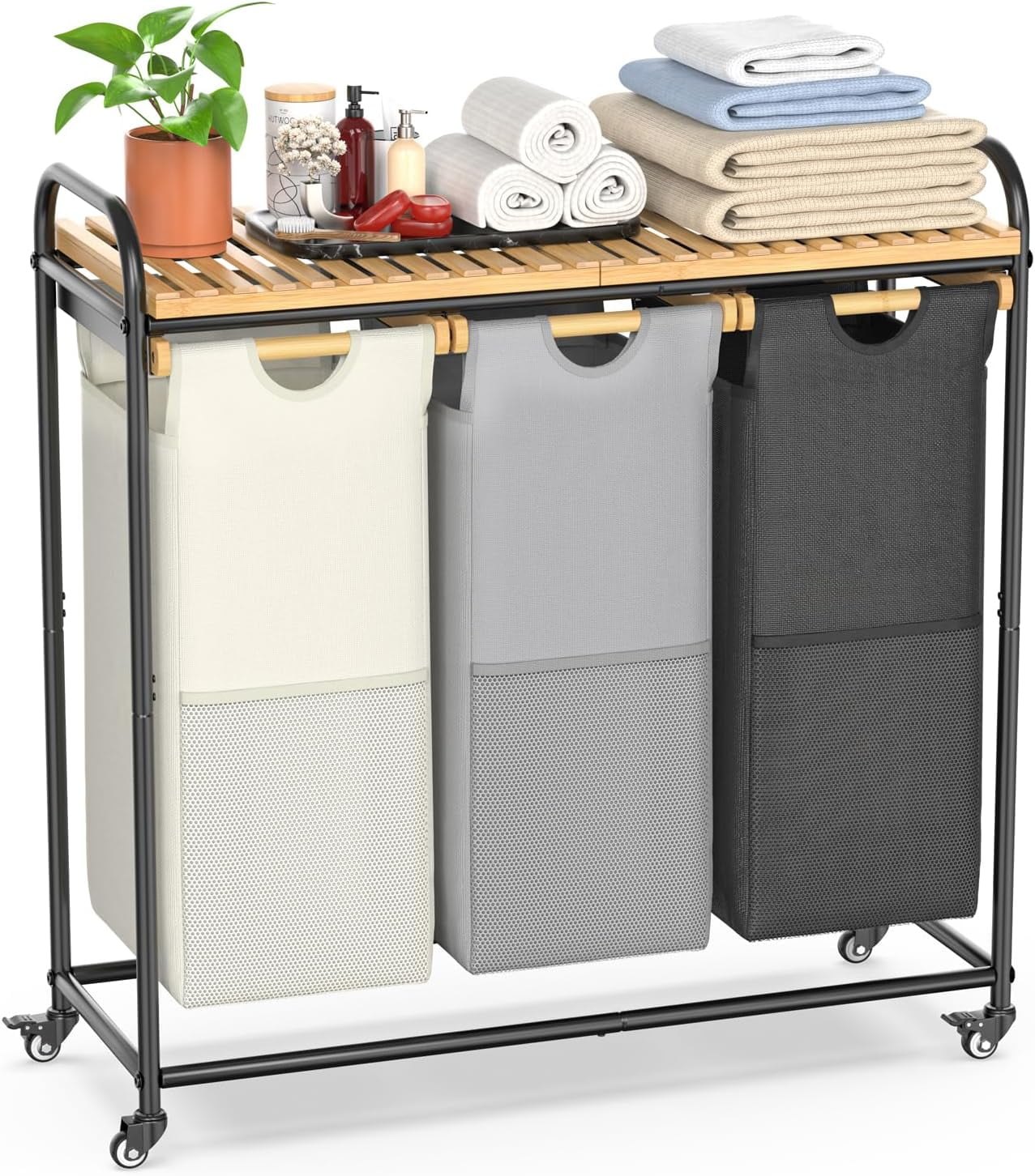 Laundry Hampers 3 Section, Laundry Sorter with Removable Shelf and Pull ...