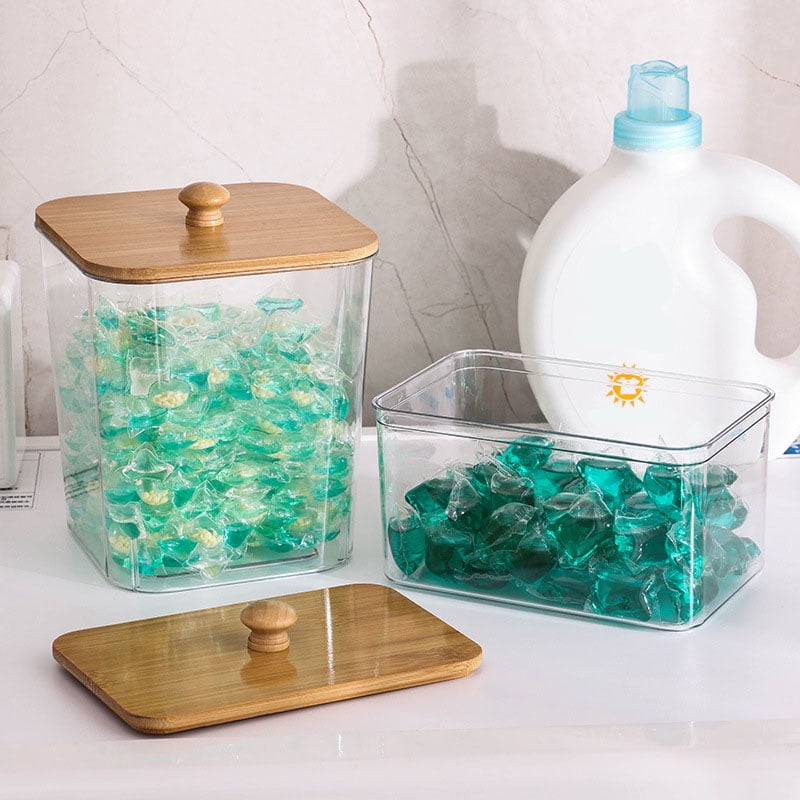 Laundry Powder Storage Box with Bamboo Lid, Cotton Swab Holder for ...