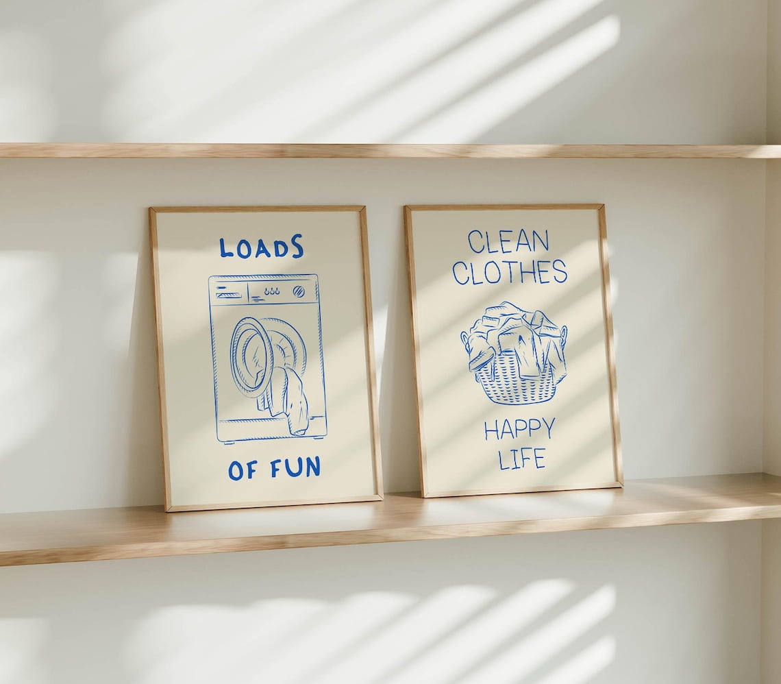 Laundry Prints Set Blue Line Art Utility Room Wall Decor Set 2 Unframed ...