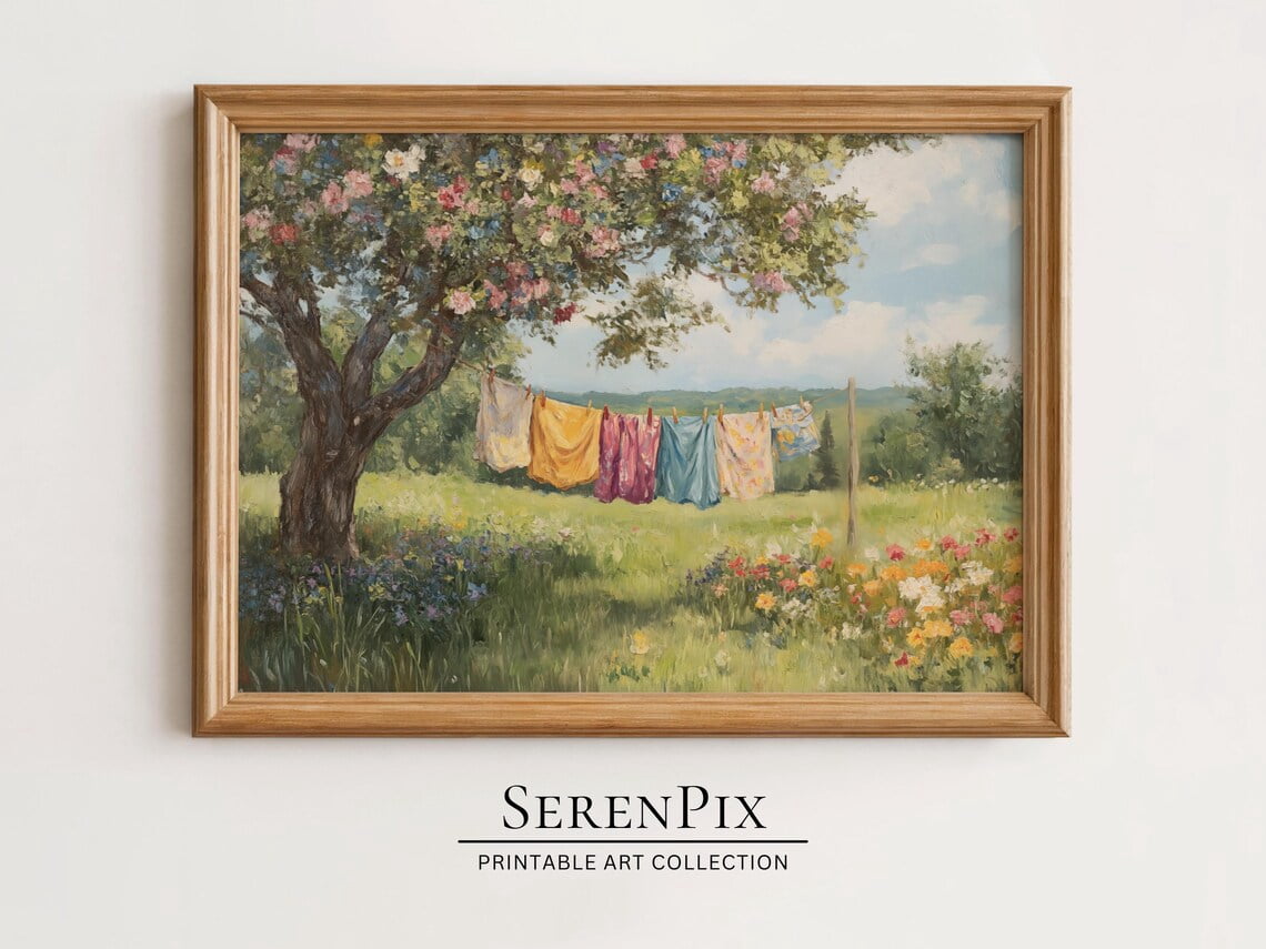 Laundry Room Art – Cottagecore Clothesline Print, Floral Outdoor ...