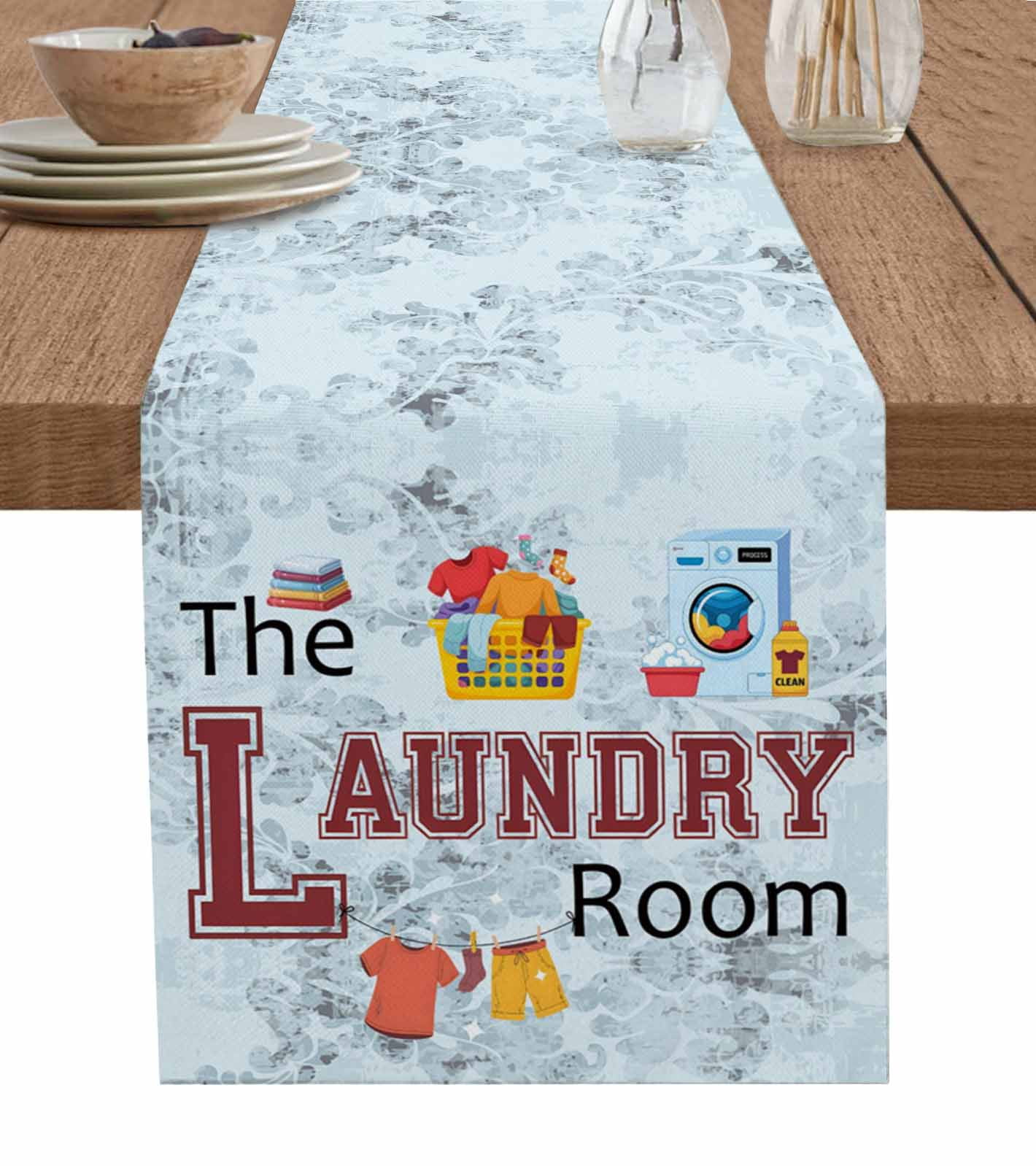 Laundry Room Burlap Cotton Table Runner 13x72 Inches Long, Blue Cartoon ...