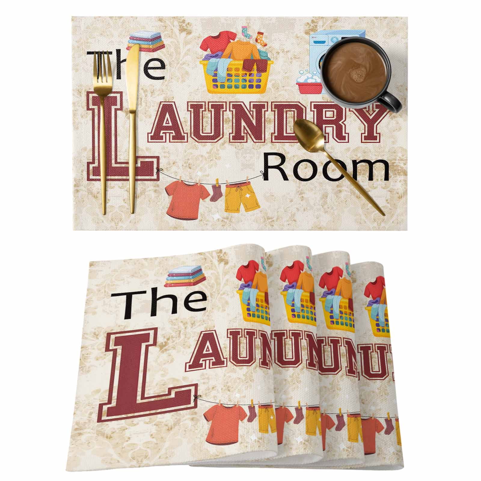 Laundry Room Clothes Cartoon Style Placemats Set of 6,Wipeable Washable ...