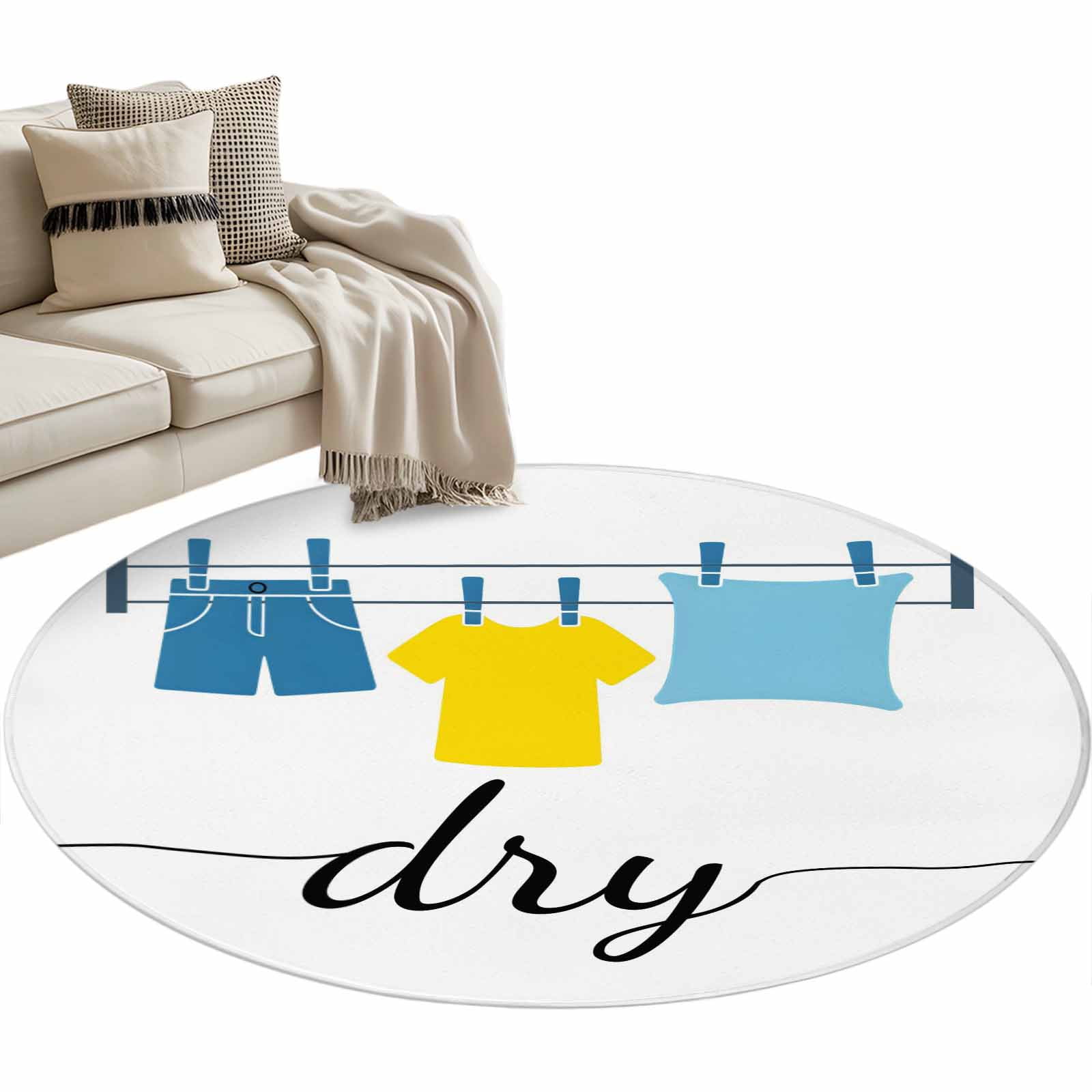 Laundry Room Dry Area Rug, Blue Yellow Cloth Washable Large Circle ...