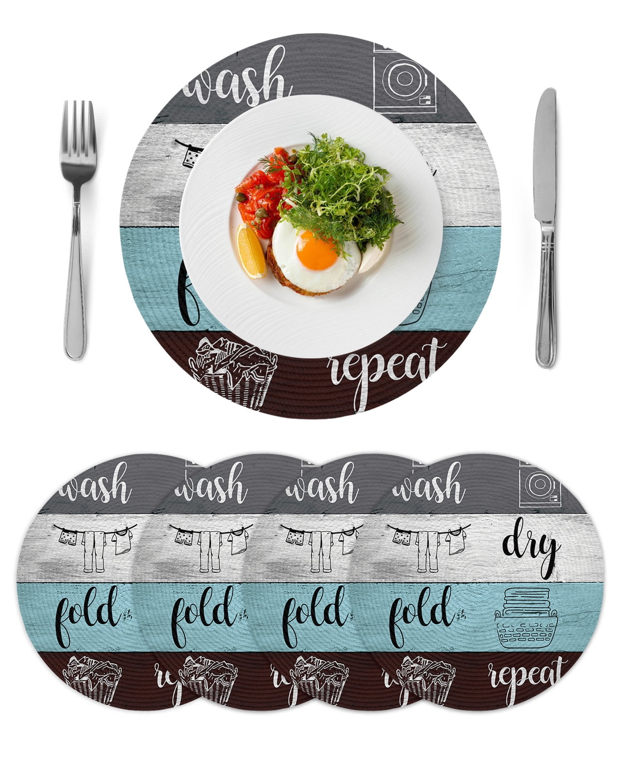 Laundry Room Quote Round Table Placemats set of 4, Blue White Wood ...