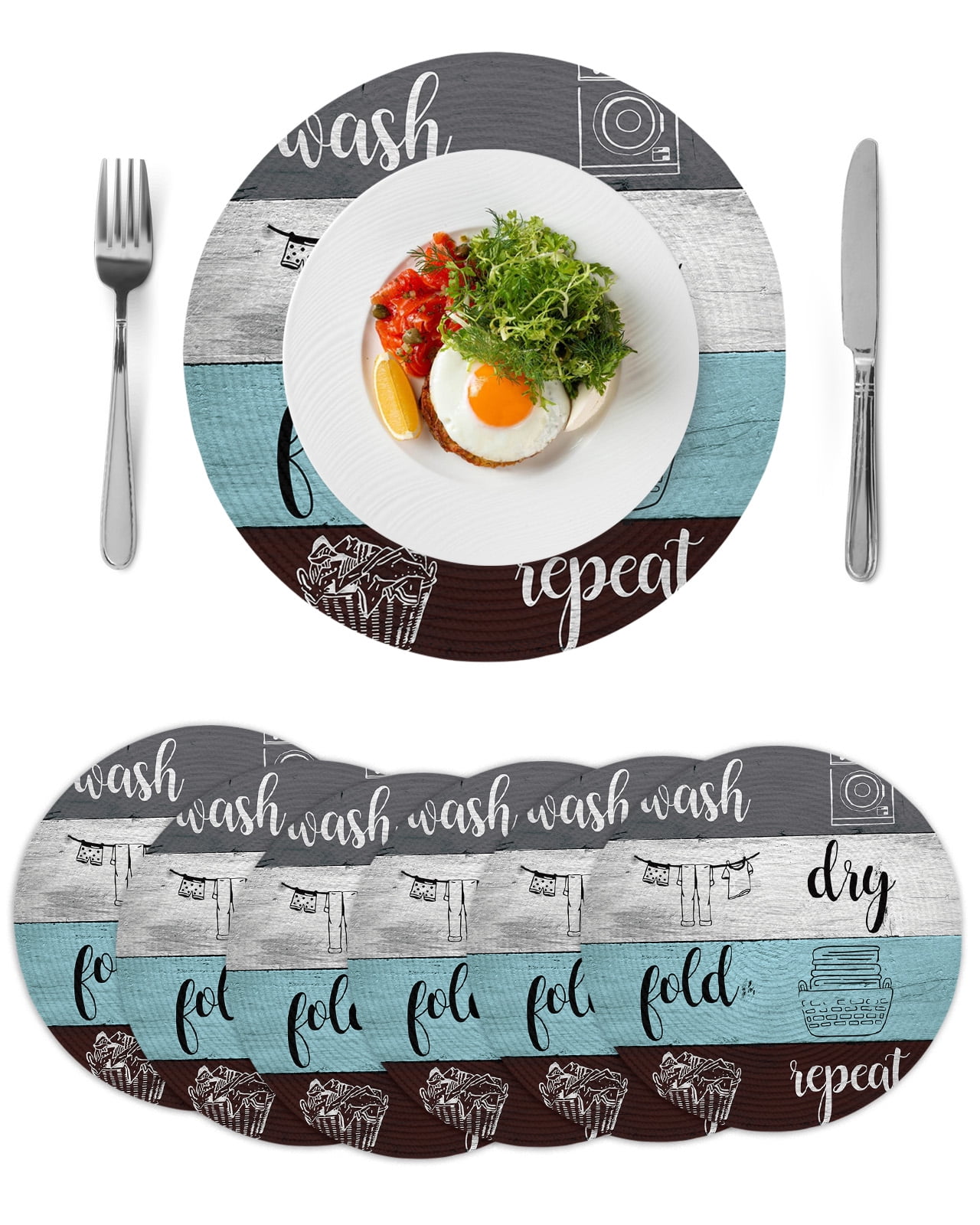 Laundry Room Quote Round Table Placemats set of 6, Blue White Wood ...