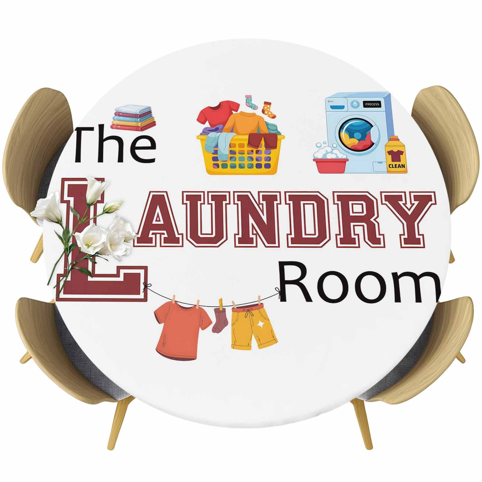 Laundry Room Round Tablecloth, Fitted Table Cover with Elastic for 45 ...