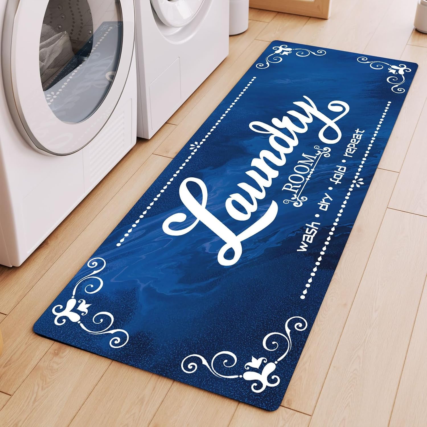 Laundry Room Rug Runner, 17.7"x45" Non Slip Navy Blue Laundry Rugs ...