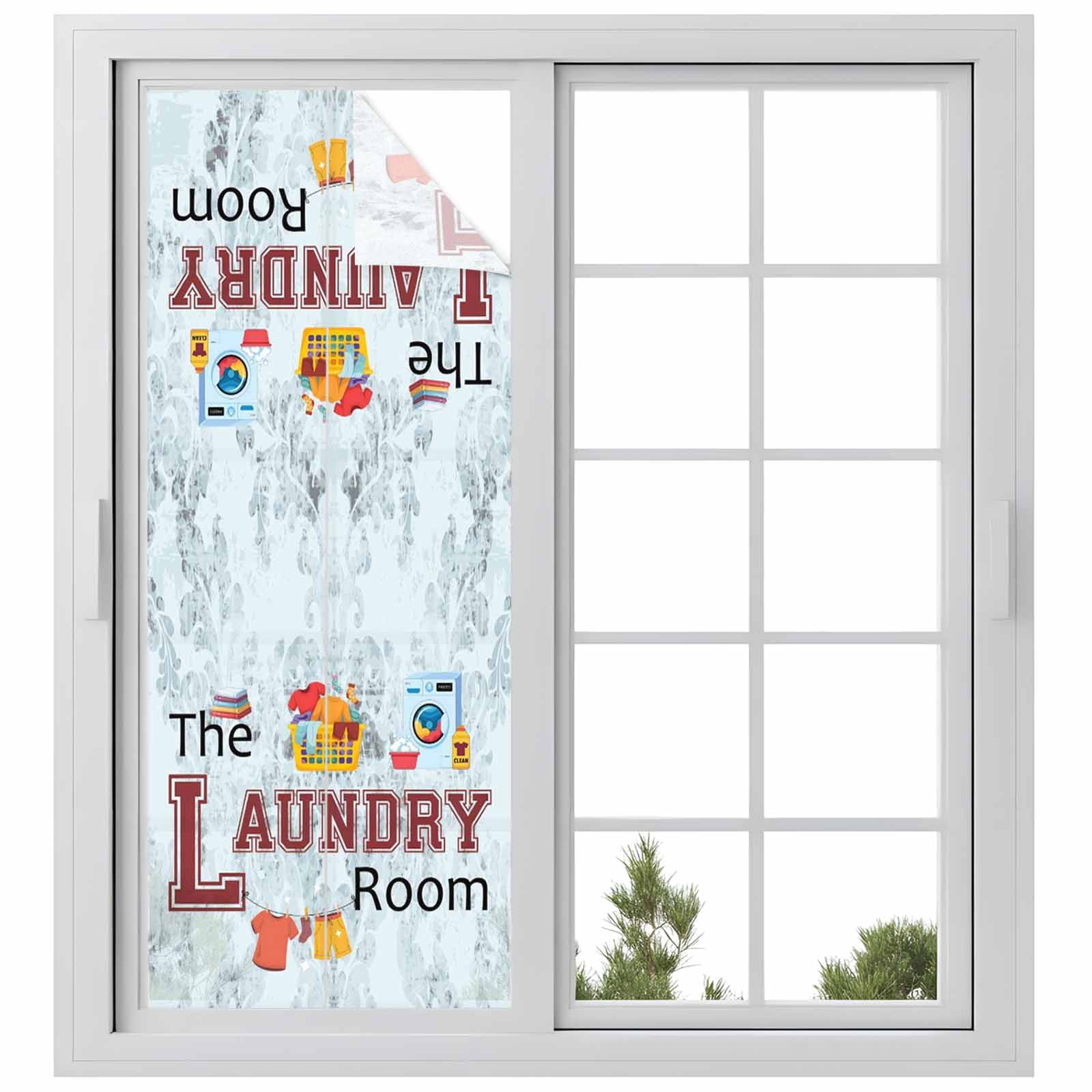 Laundry Room Window Privacy Film, Blue Cartoon Washing Machine Clothes ...