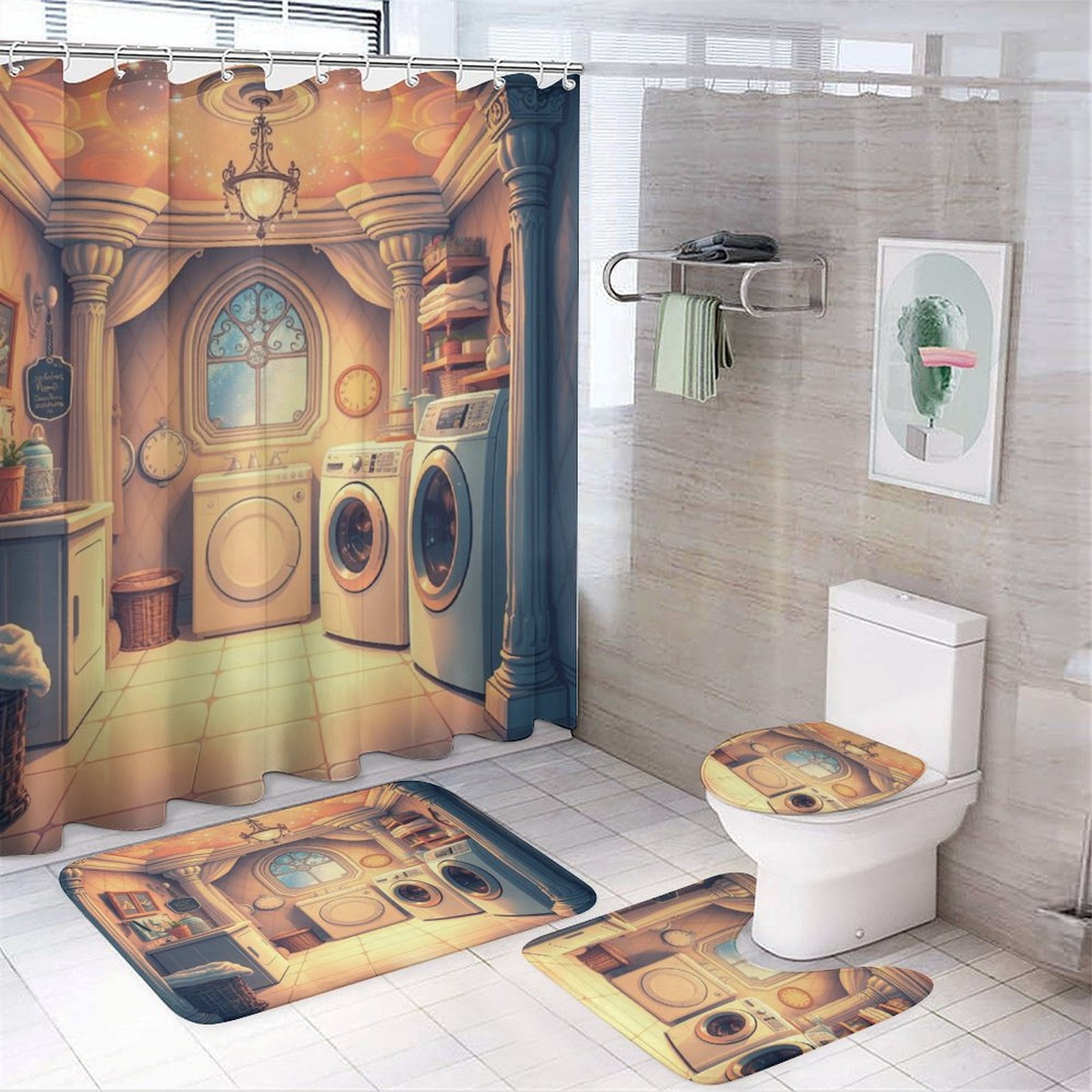 Laundry Shower Curtain Modern Bath Decor Set Toilet Covers Bath Mat Rug ...