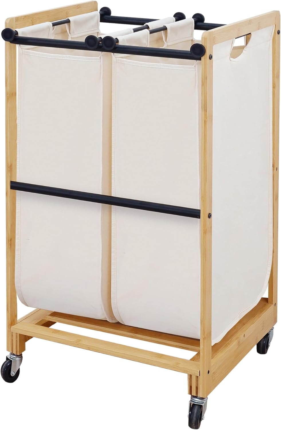 Laundry Sorter 2 Section with Bamboo Frame, 2 Bag Laundry Hamper ...