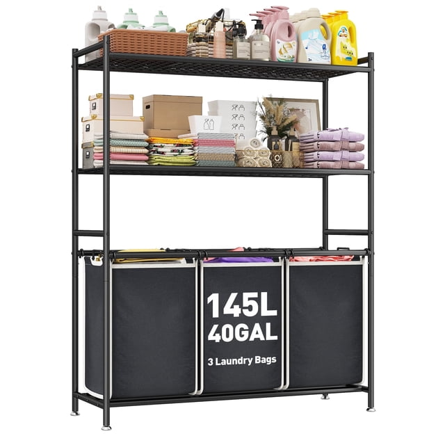 3-Section Laundry Sorter with Adjustable Shelf, 145L Organizer, 2-Tier Shelves, 3 Bags, Black ...