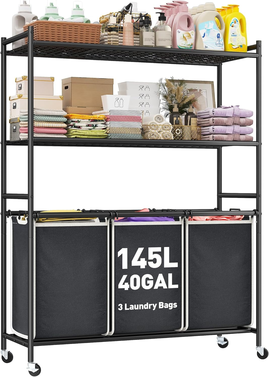 Laundry Sorter 3 Section Rolling Laundry Hamper Cart with Shelf 145L ...