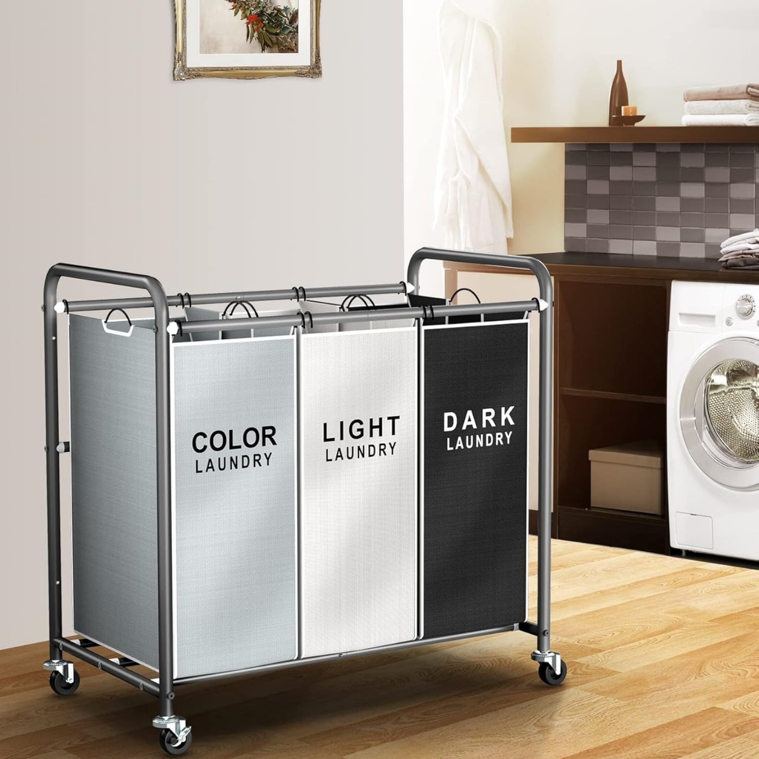 Laundry Sorter 3 Section, Separated Laundry Basket with Wheels, Rolling ...
