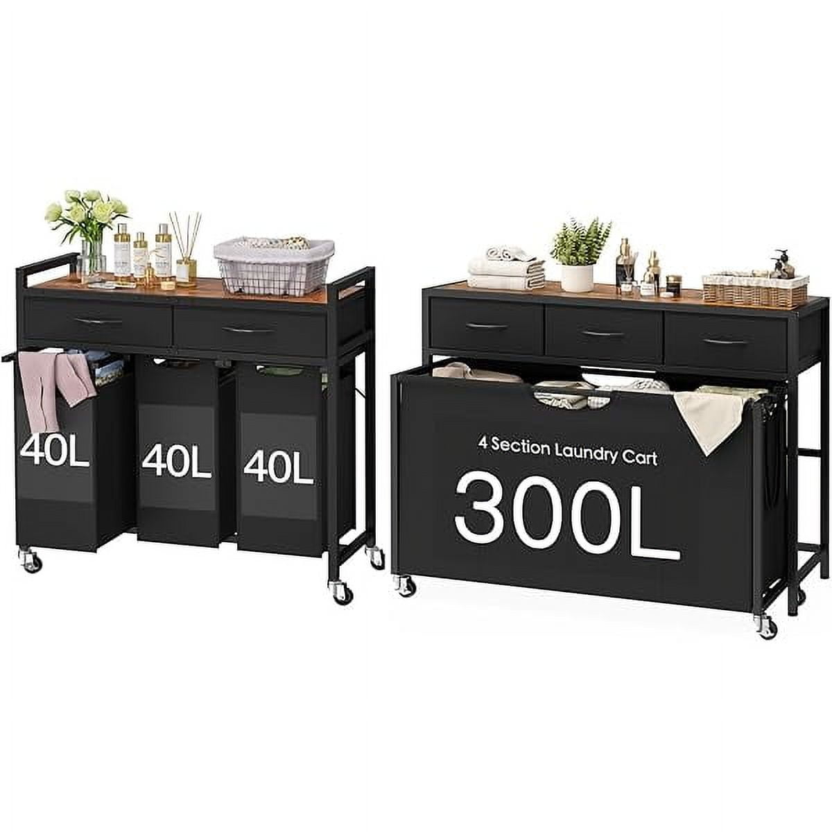 Laundry Sorter 3 Section with 2 Drawers & Rolling Laundry Hamper with 4 ...