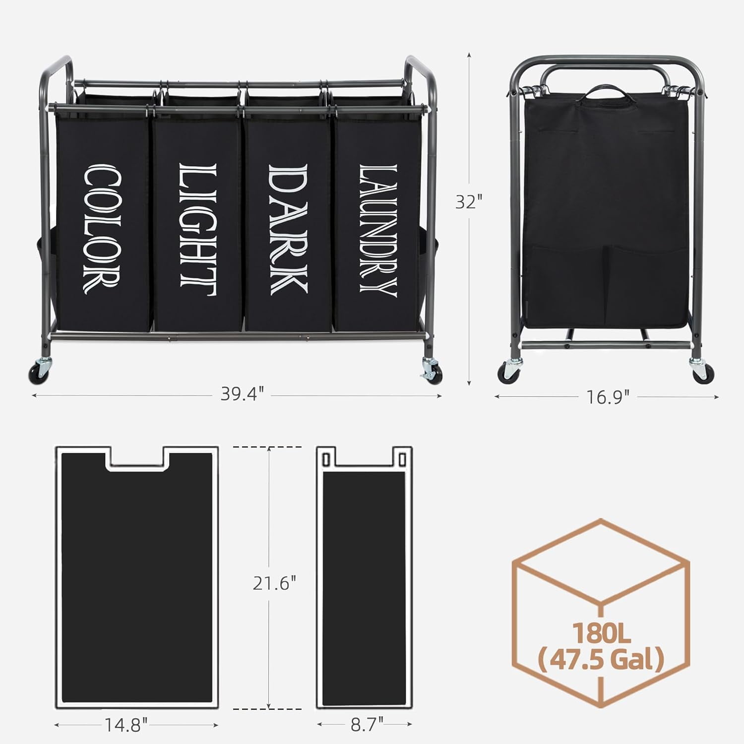 Laundry Sorter 4 Section 47.8 Gal (181 L) Laundry Hamper with Wheels ...