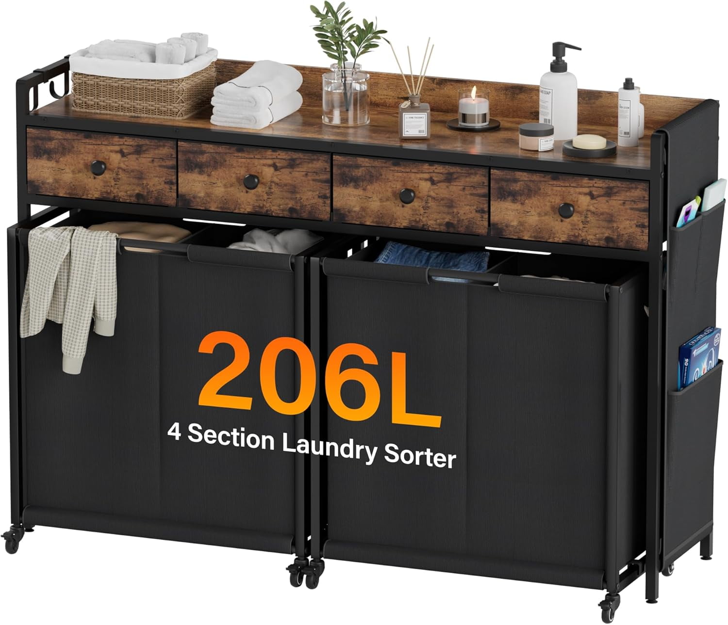 Laundry Sorter 4 Section: Laundry Hamper Basket with Shelf and Wheels ...