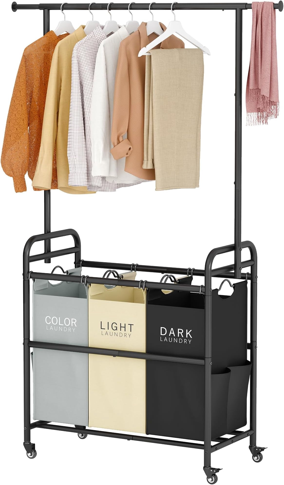 Laundry Sorter Cart with Clothes Rack, 3 Butler Sorter Basket Organizer ...