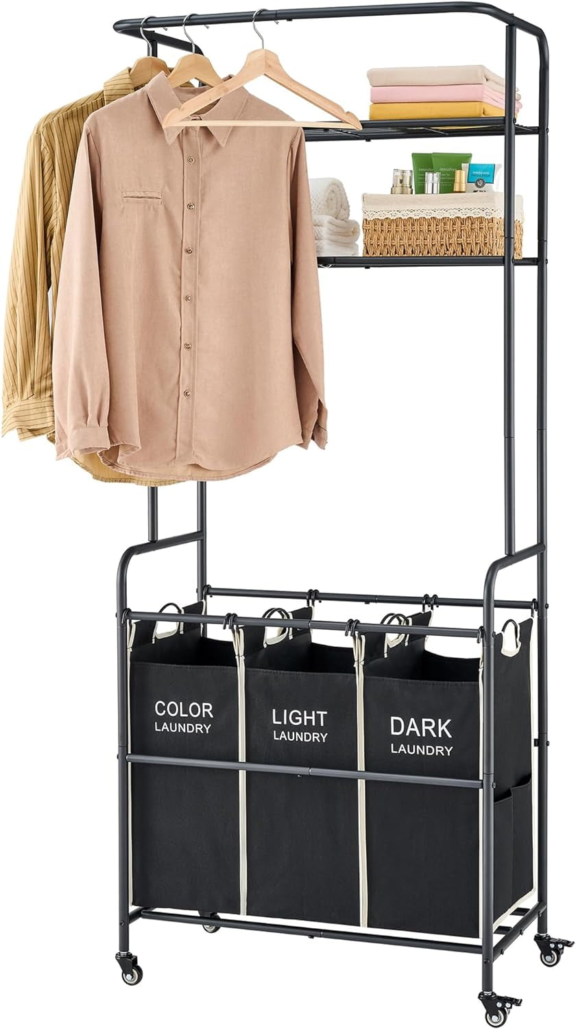 Laundry Sorter Cart with Hanging Rack, 3 Section Laundry Hamper Basket ...