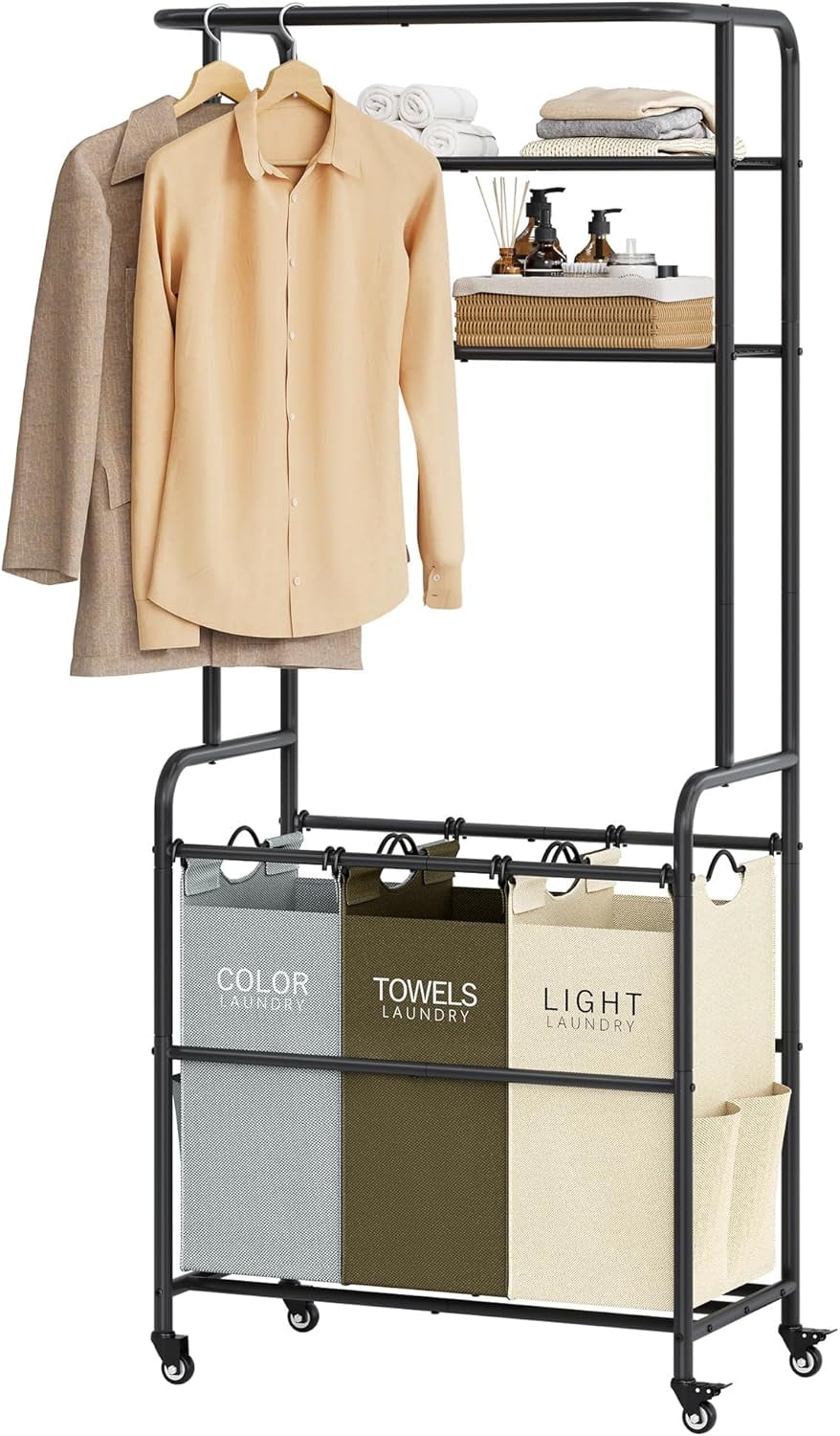 Laundry Sorter Cart with Hanging Rack, 3 Section Laundry Hamper Basket ...