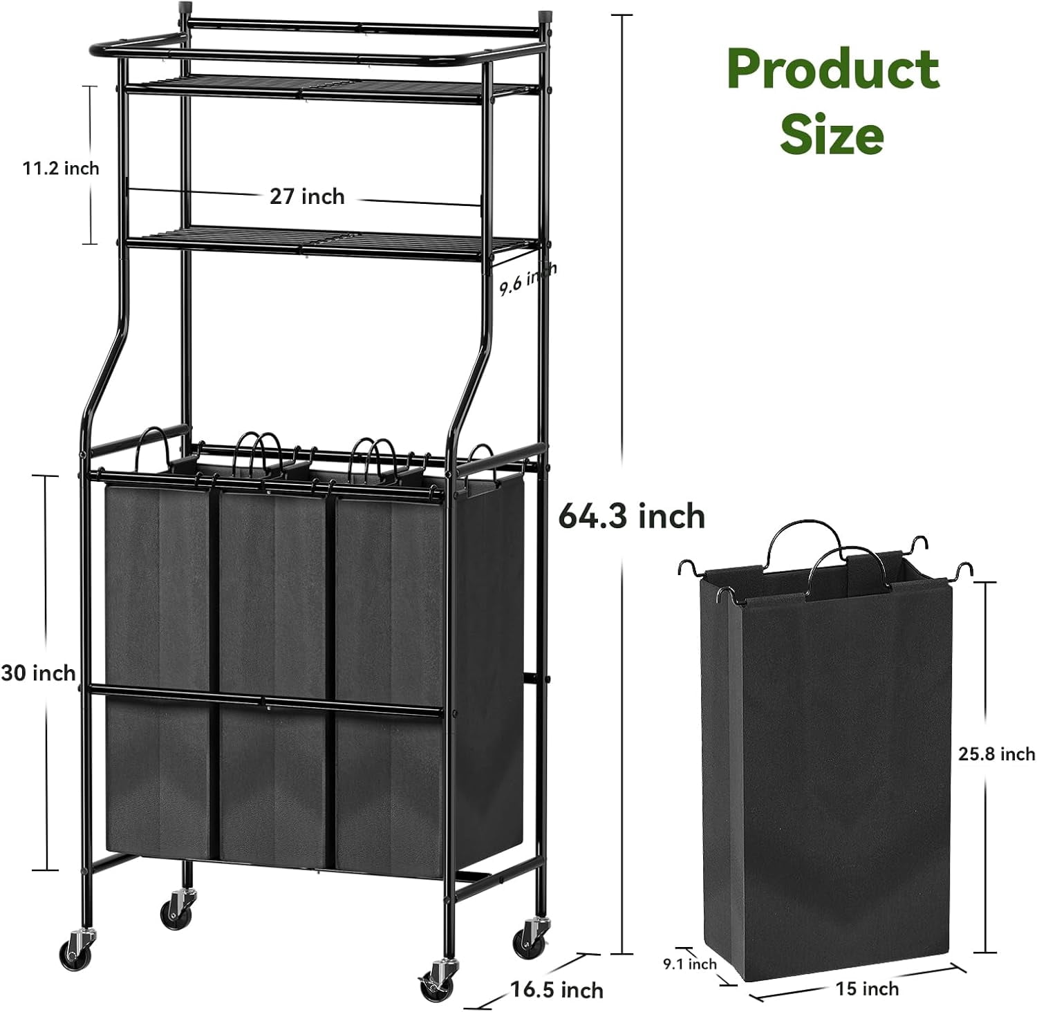 Laundry Sorter Cart with Hanging Rack and Lockable Wheels, 3-Section ...