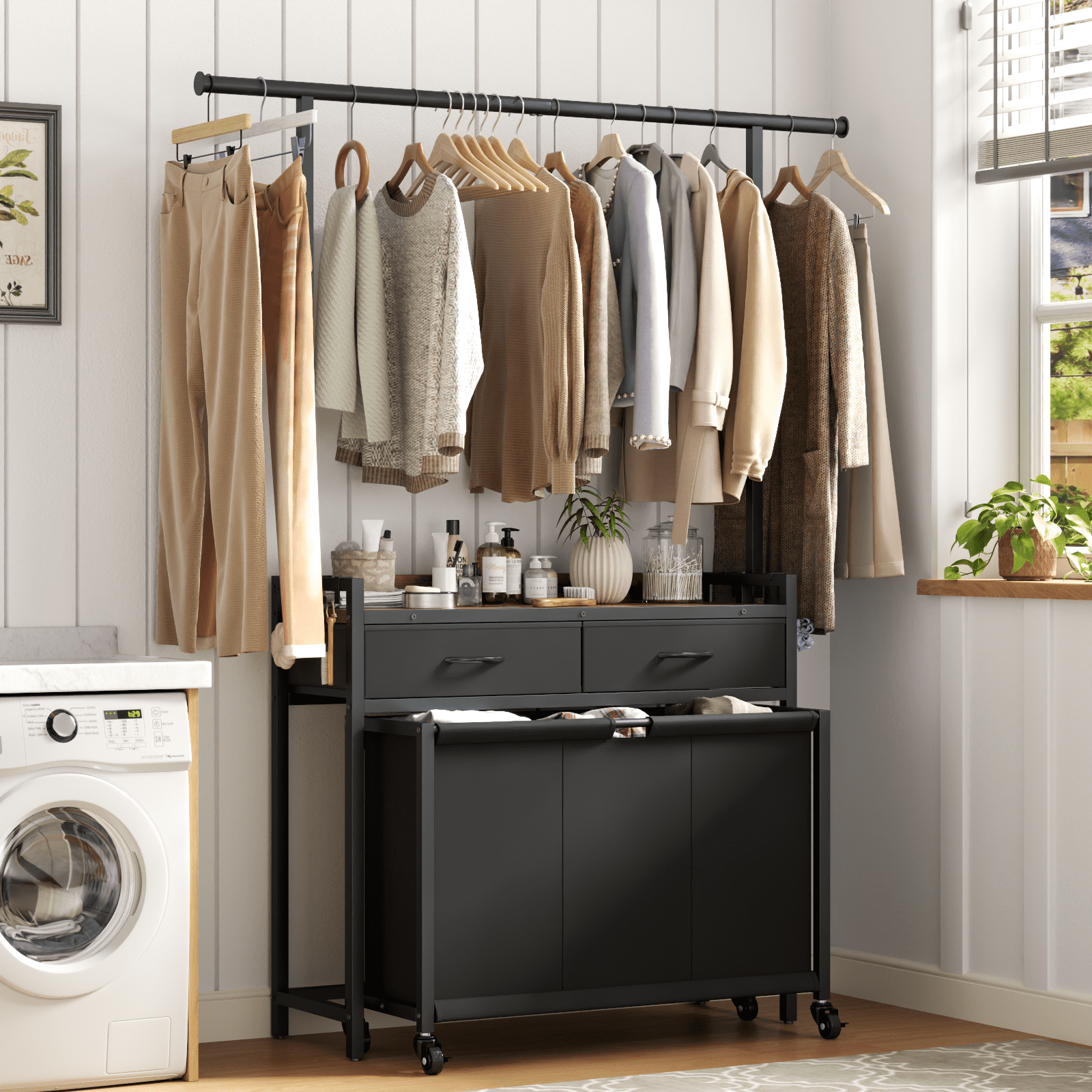 Laundry Sorter Hamper with Hanging Cloth Rack, Laundry Basket with 3 ...