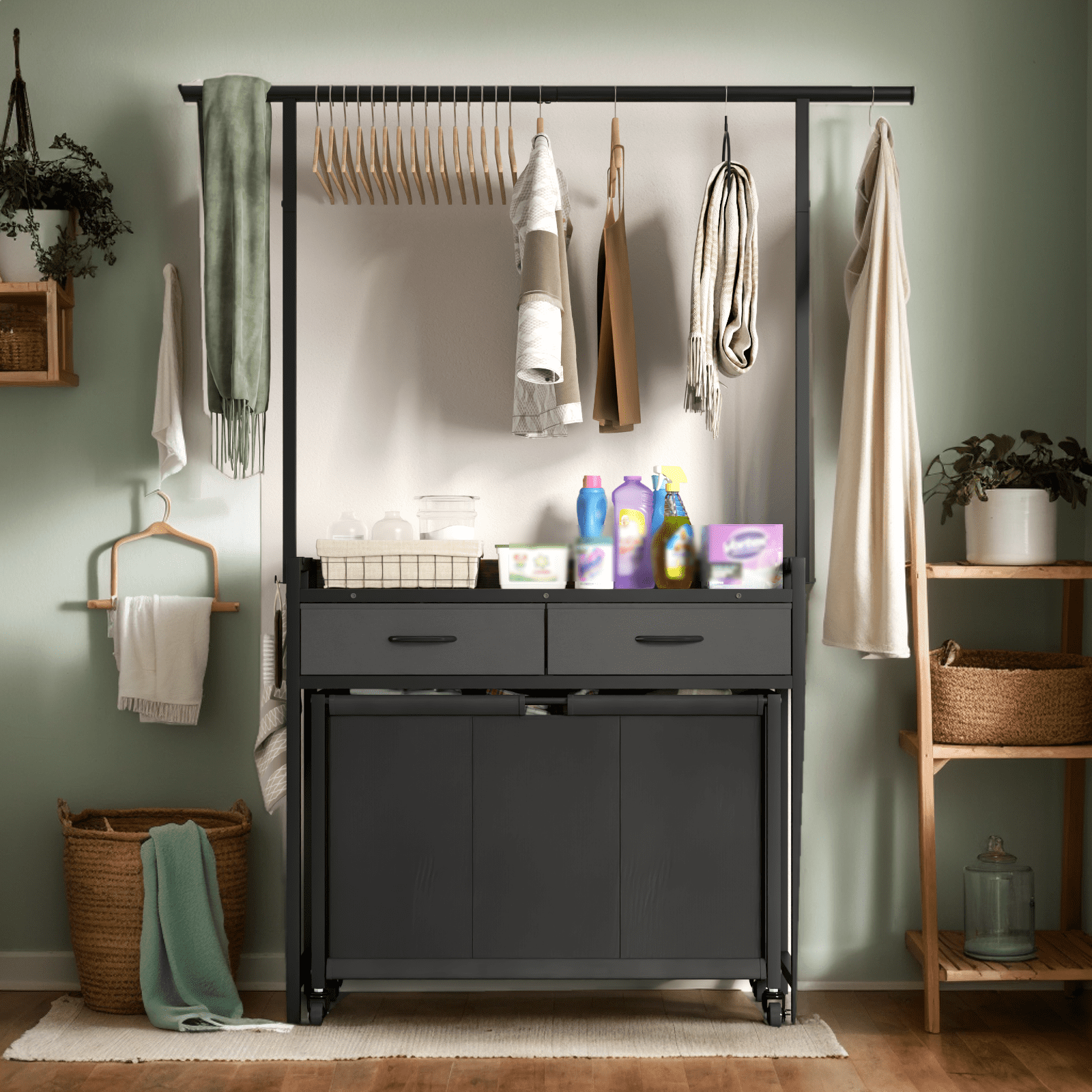 Laundry Sorter Hamper with Hanging Clothes Rack, 3-Section Rolling ...