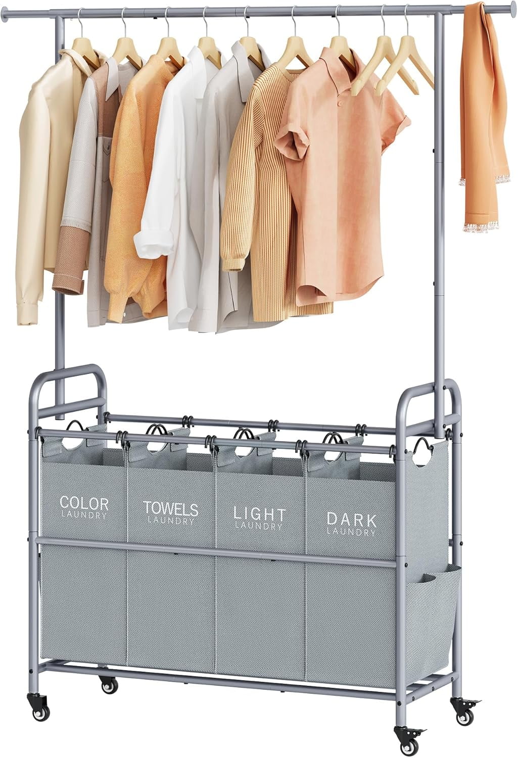 Laundry Sorter with Hanging Bar, 4 Section Rolling Laundry Hamper ...