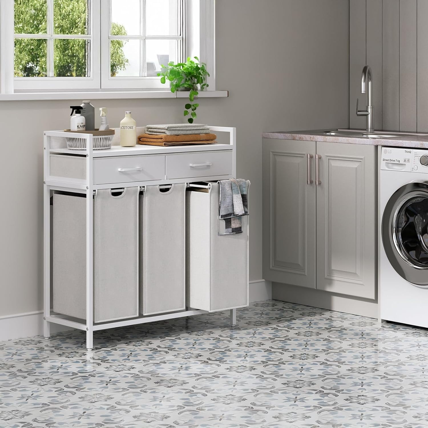 Laundry Sorter with Shelf, Rolling Wheels & Storage Drawers, 3-Bin ...