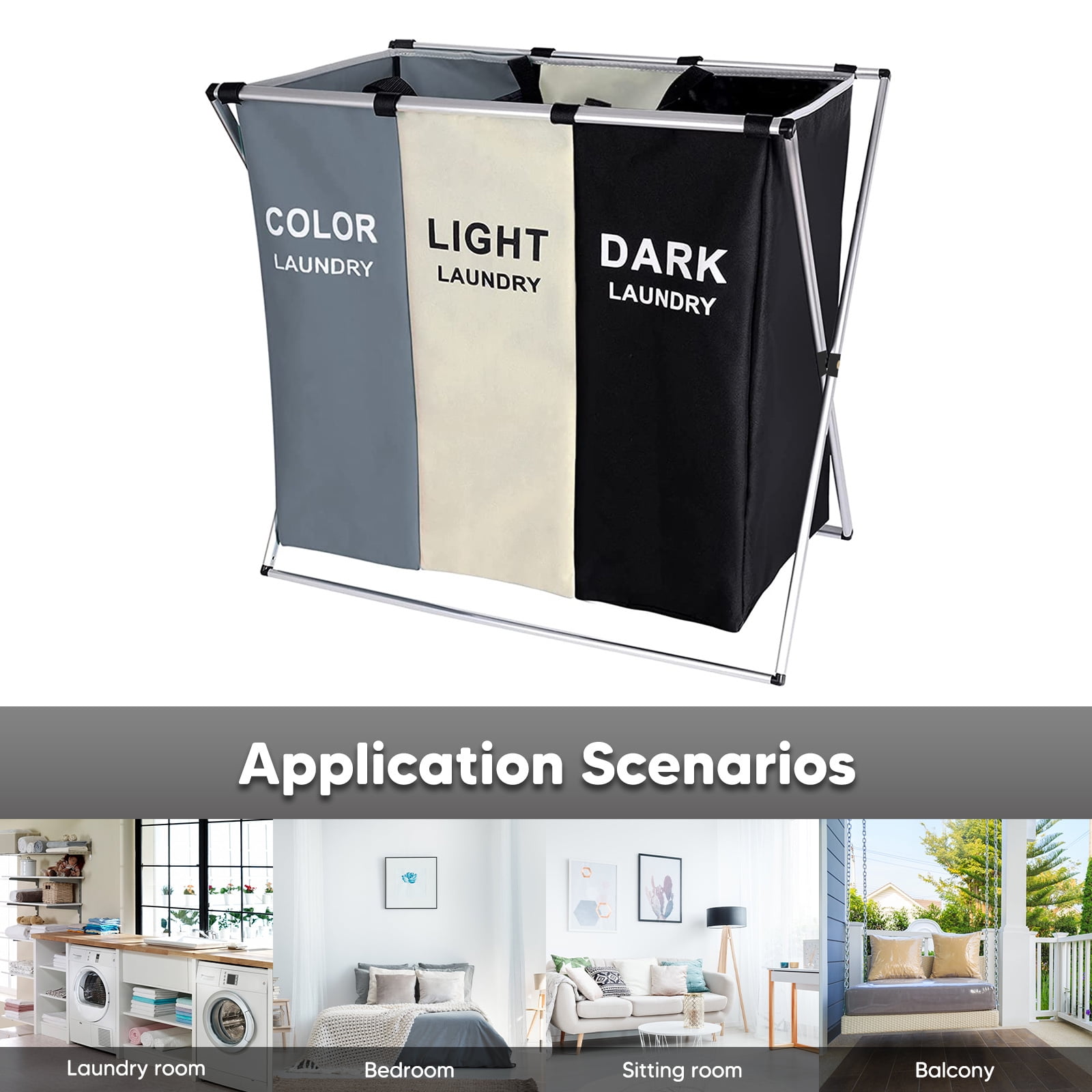 Laundry Sorting Hamper Basket 3 Sections Large Laundry Storage Foldable ...