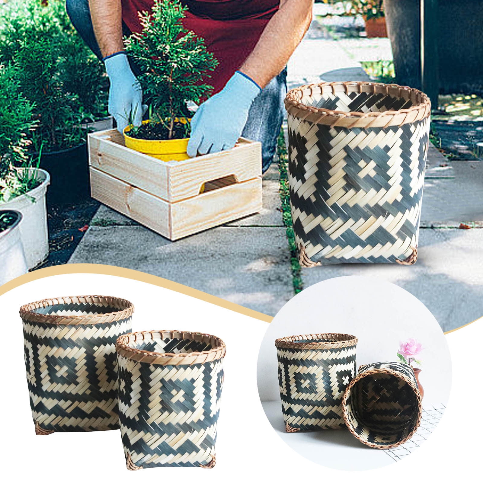 Laundry Woven Can Wicker Waste Garbage Cans Round Design for Under Desk ...
