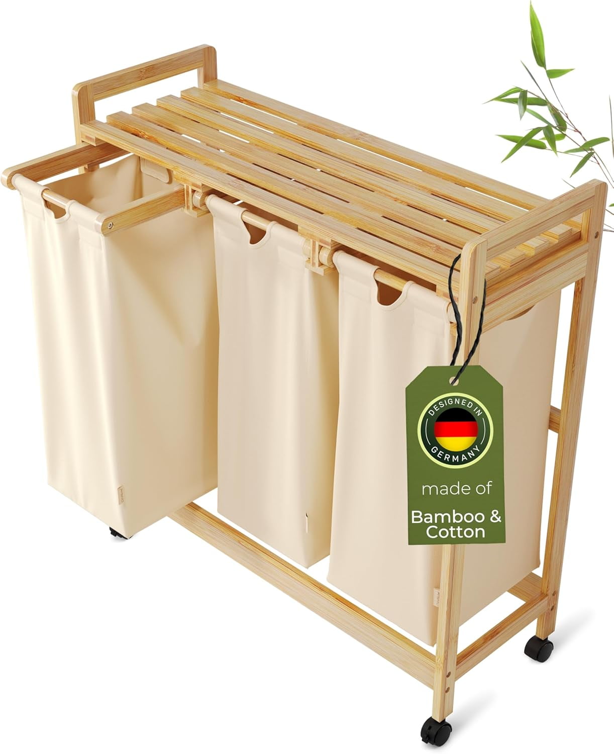 Laundry basket with wheels beige - Large Bamboo Laundry Sorter with ...