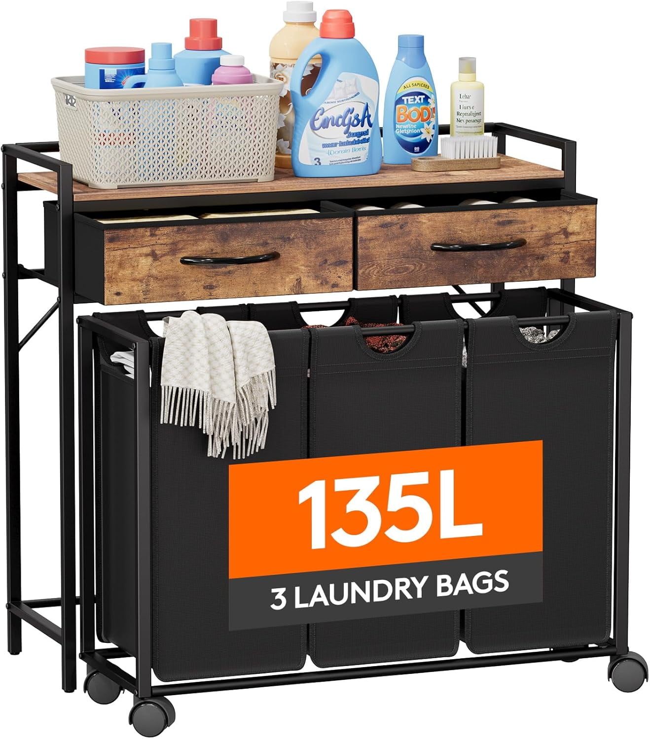 Laundry hamper 3 Section, Large Rolling Laundry Sorter with Shelf & 2 ...
