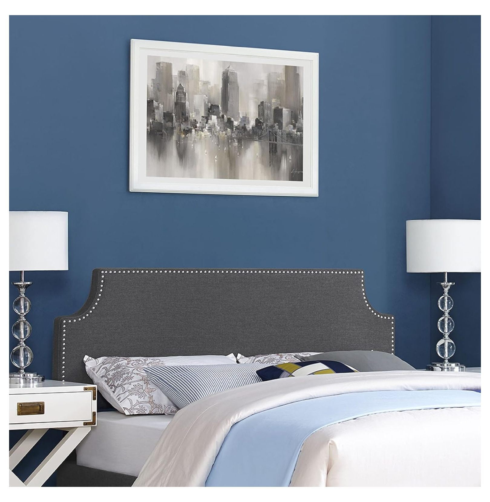 Laura Linen Fabric Upholstered King Size Headboard with Nailhead Trim ...