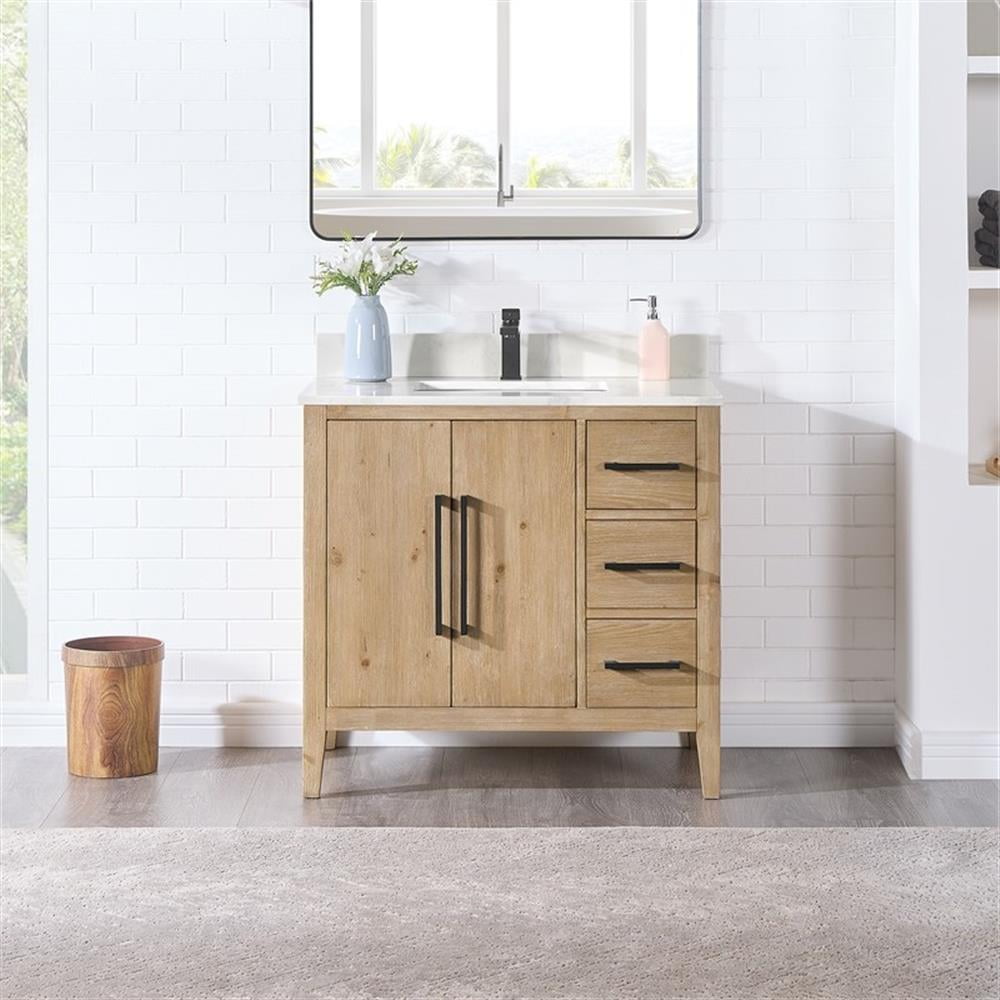 Laurel 36" Wood Vanity in Weathered Fir Calacatta White Quartz Top no ...