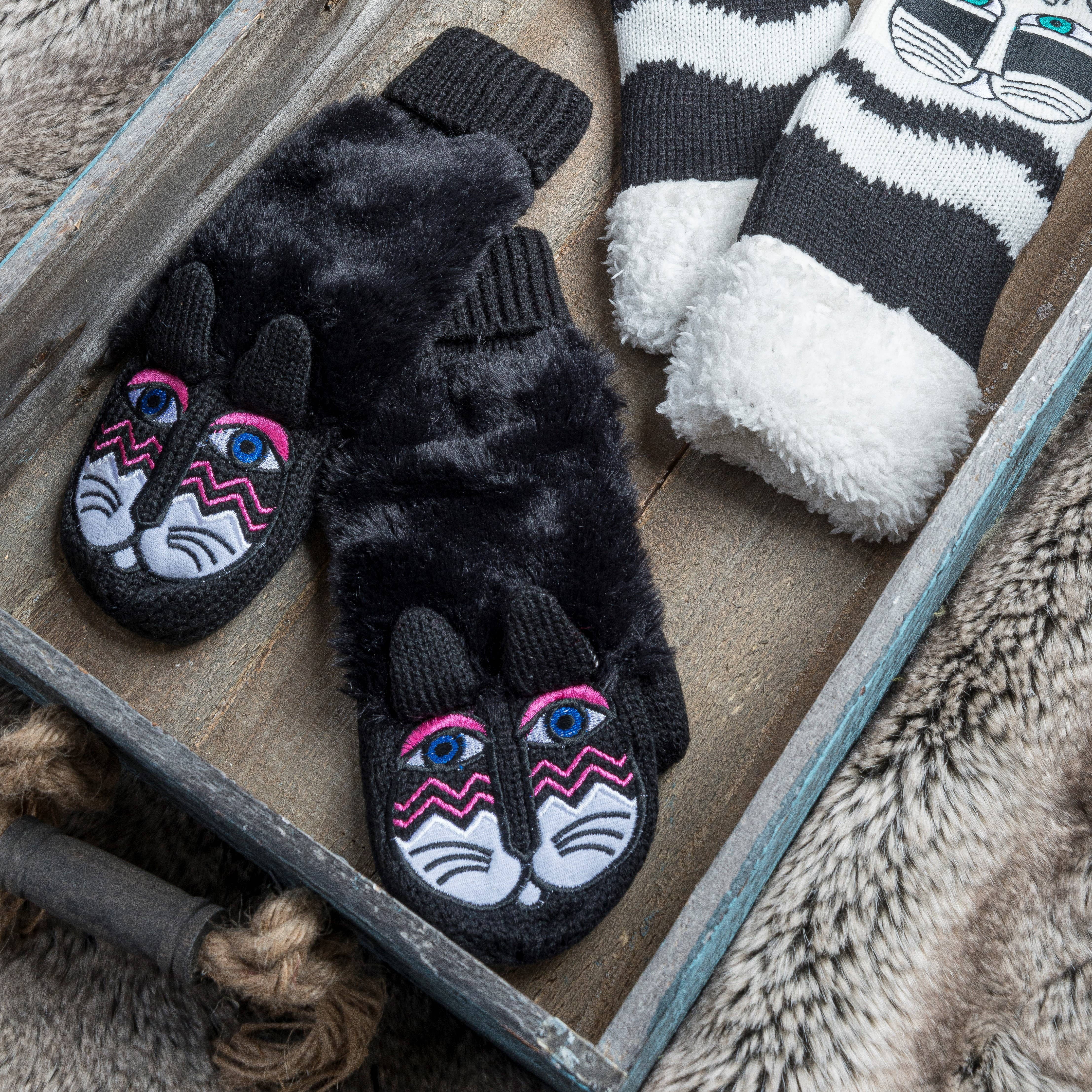 Fluffy Cat Critter Mittens - Black - Walmart.com