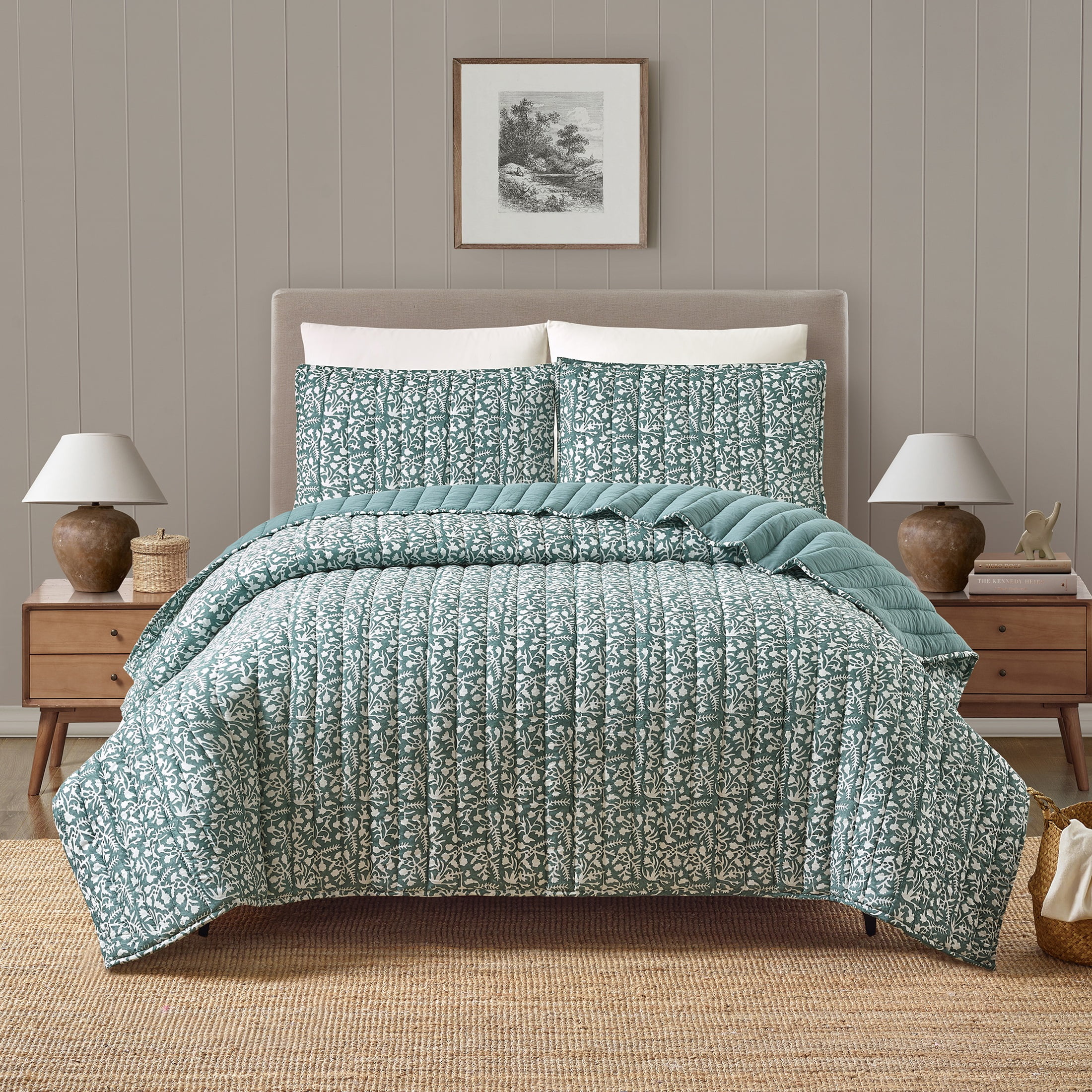 Laurel & Mayfair Block Print Floral Vine Silhouette Blue 3-Piece Cotton ...