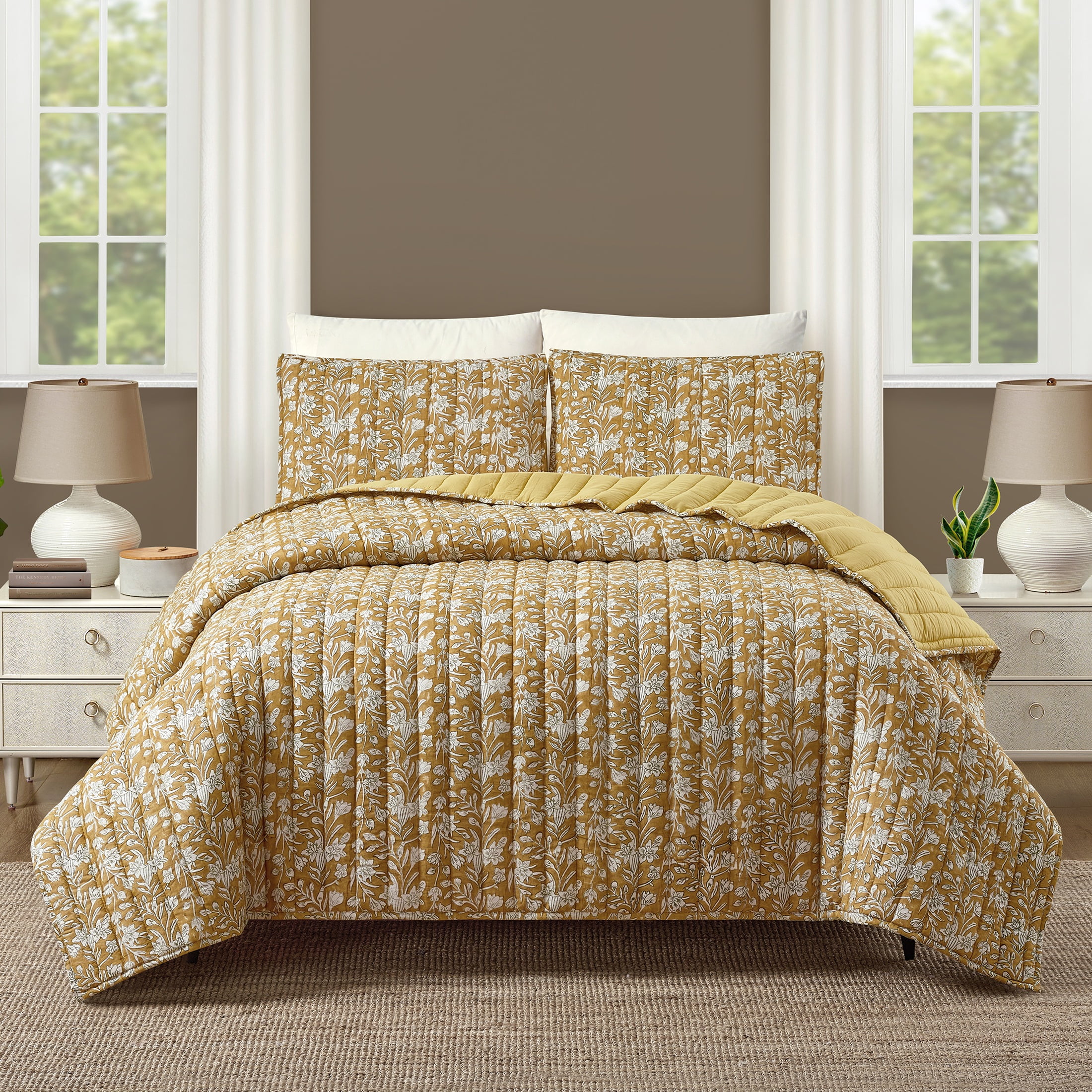 Laurel & Mayfair Block Print Sketched Floral Gold 3-Piece Cotton Voile ...
