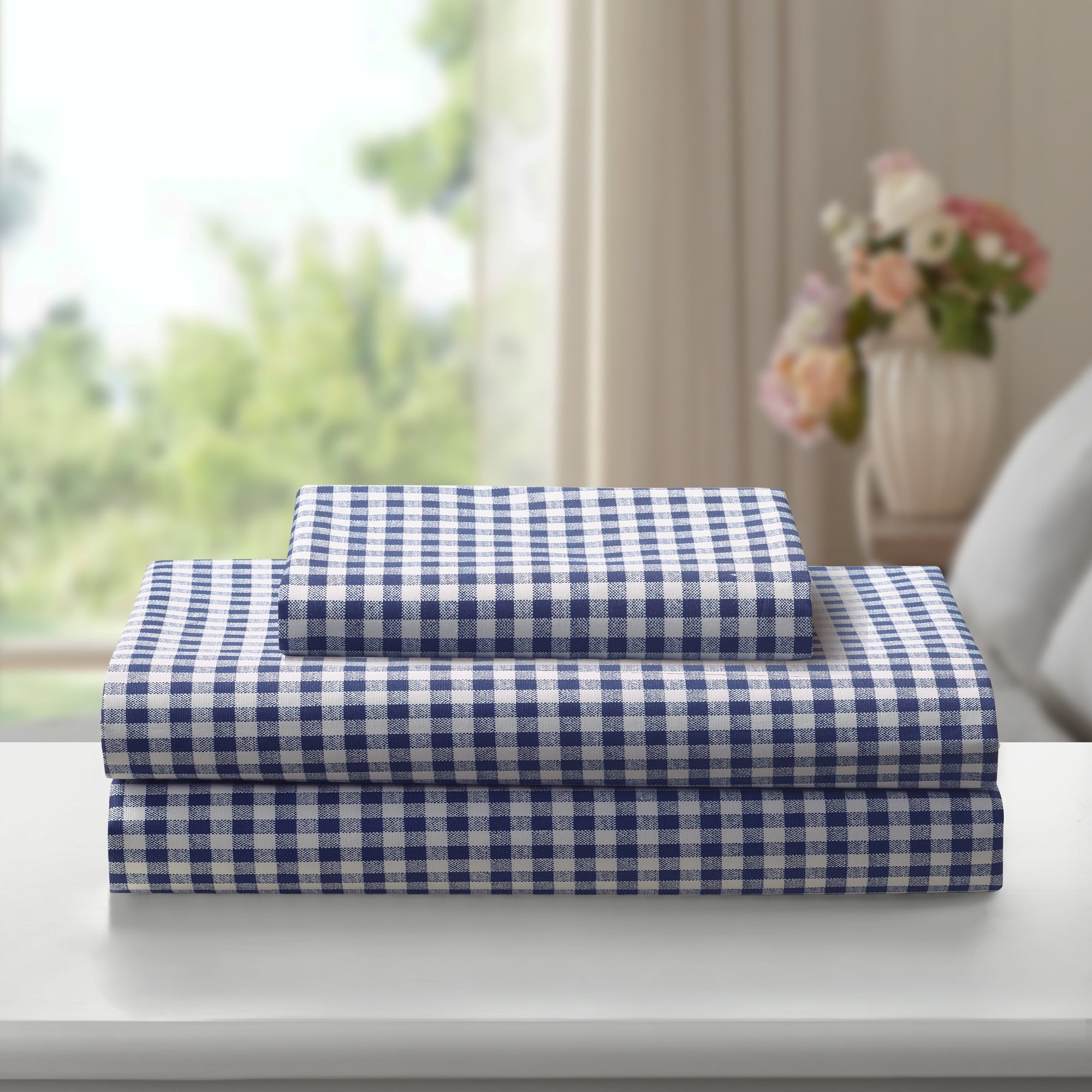 Laurel & Mayfair Gingham Printed 250tc 100% Cotton Percale Navy 4-Piece ...